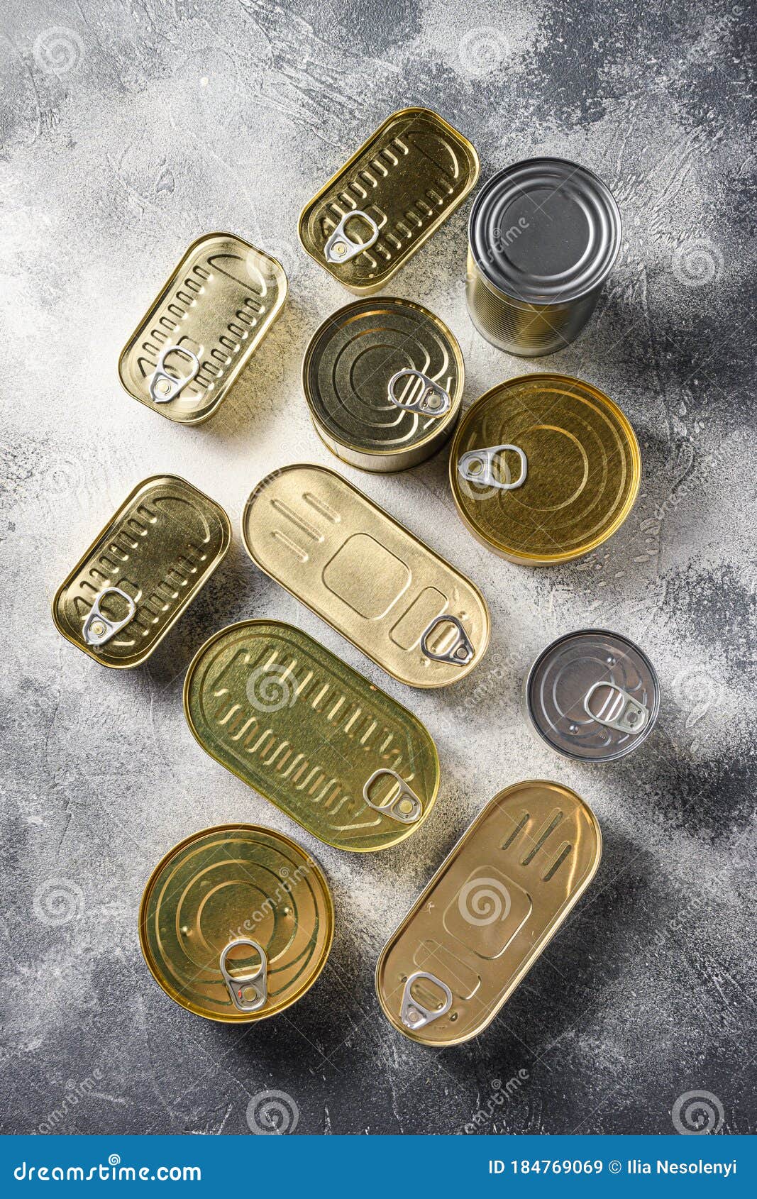 Tin Cans Food Set Top View on Grey Rustic Background Top View Stock ...