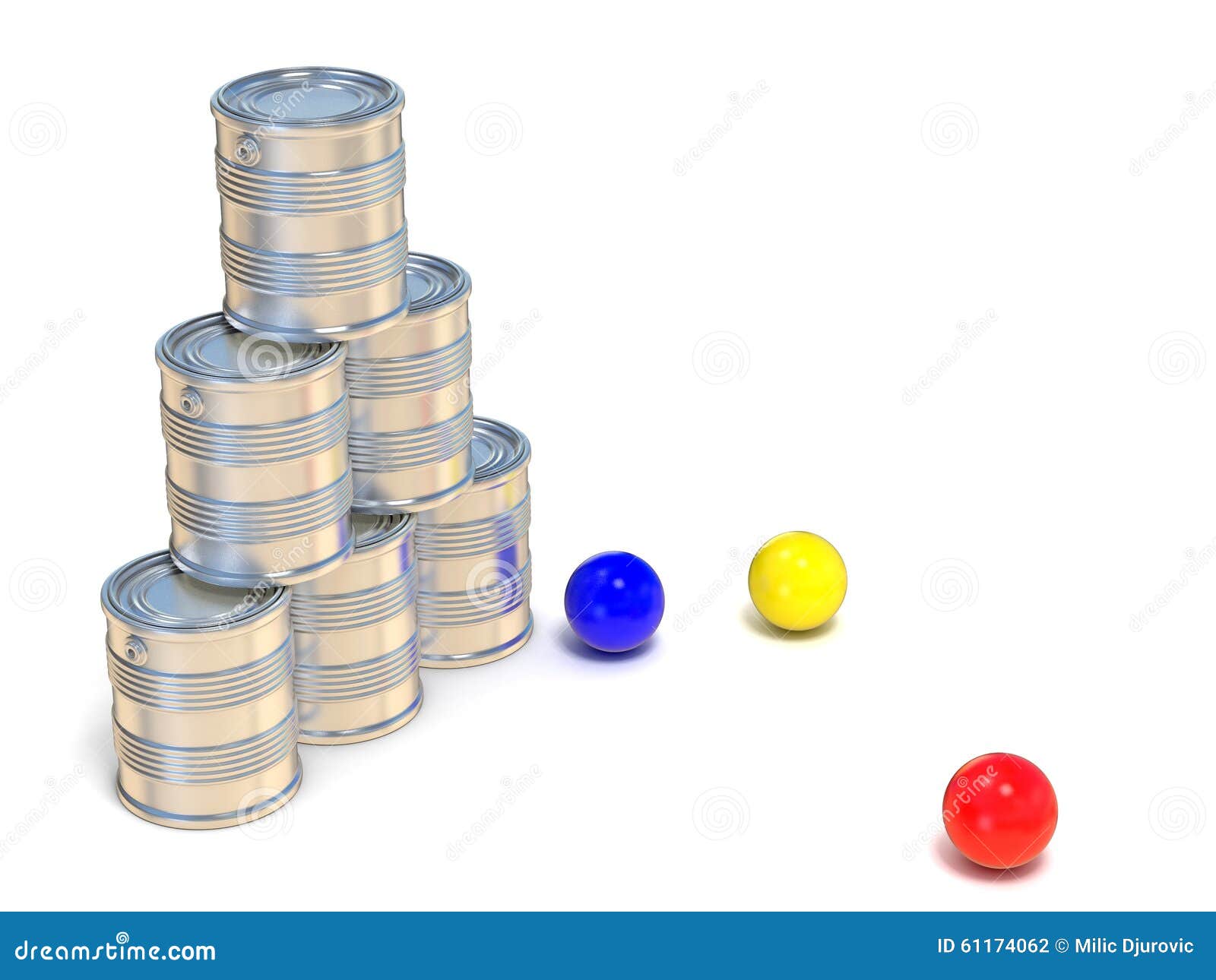 Tin Cans and Three Balls. Side View Stock Illustration - Illustration ...