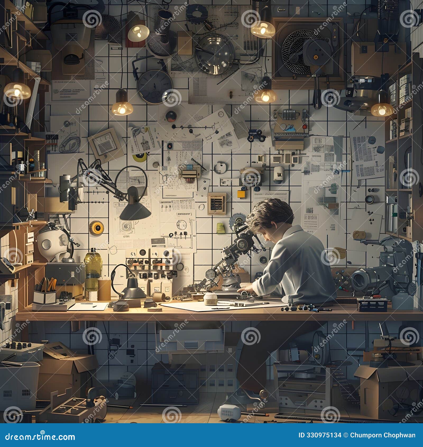 Tinkering Inventor S Cluttered yet Organized Workbench with Technical ...