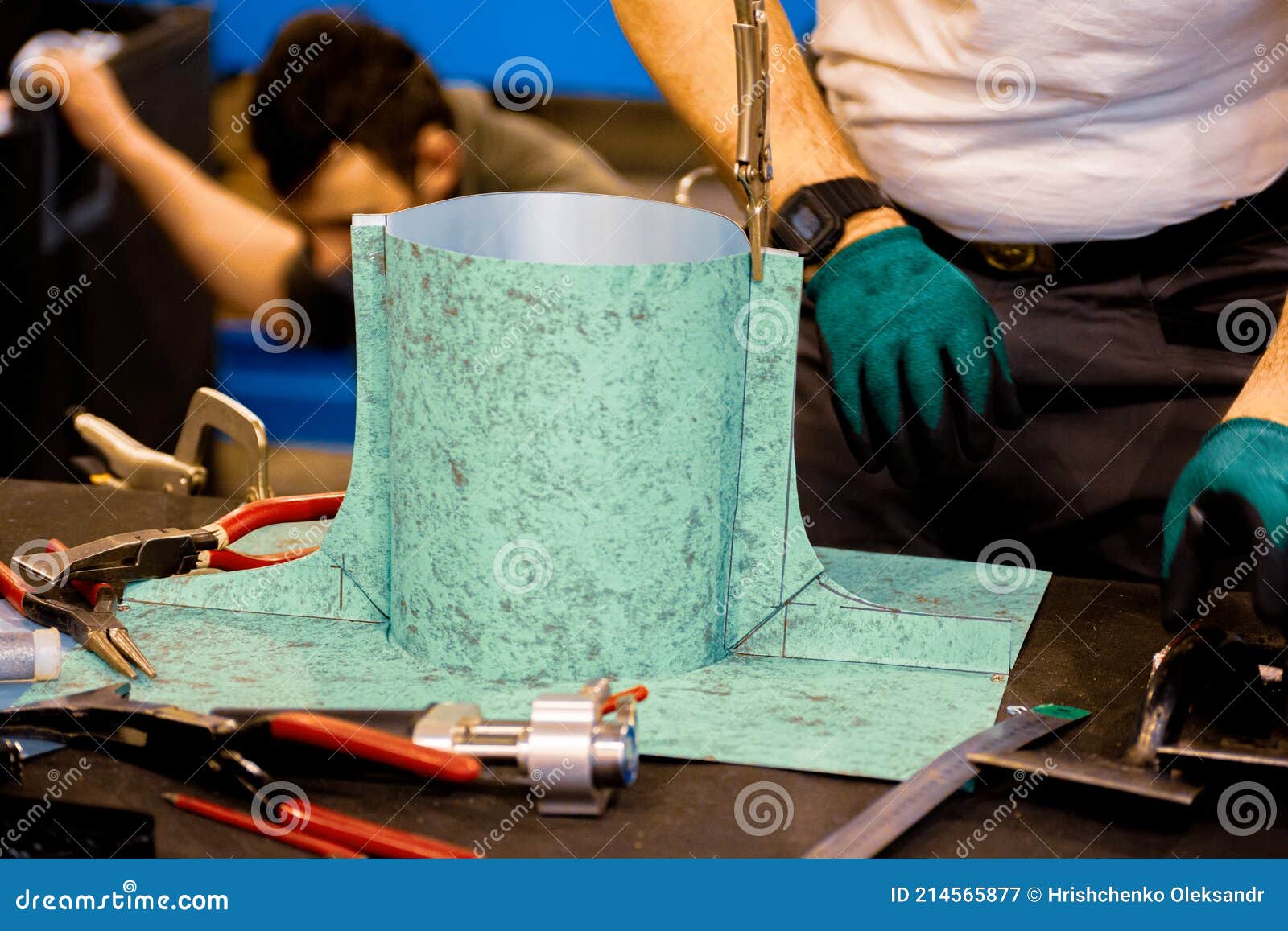 A Man Makes A Pipe To Drain Rainwater From The Roof Royalty-Free Stock ...