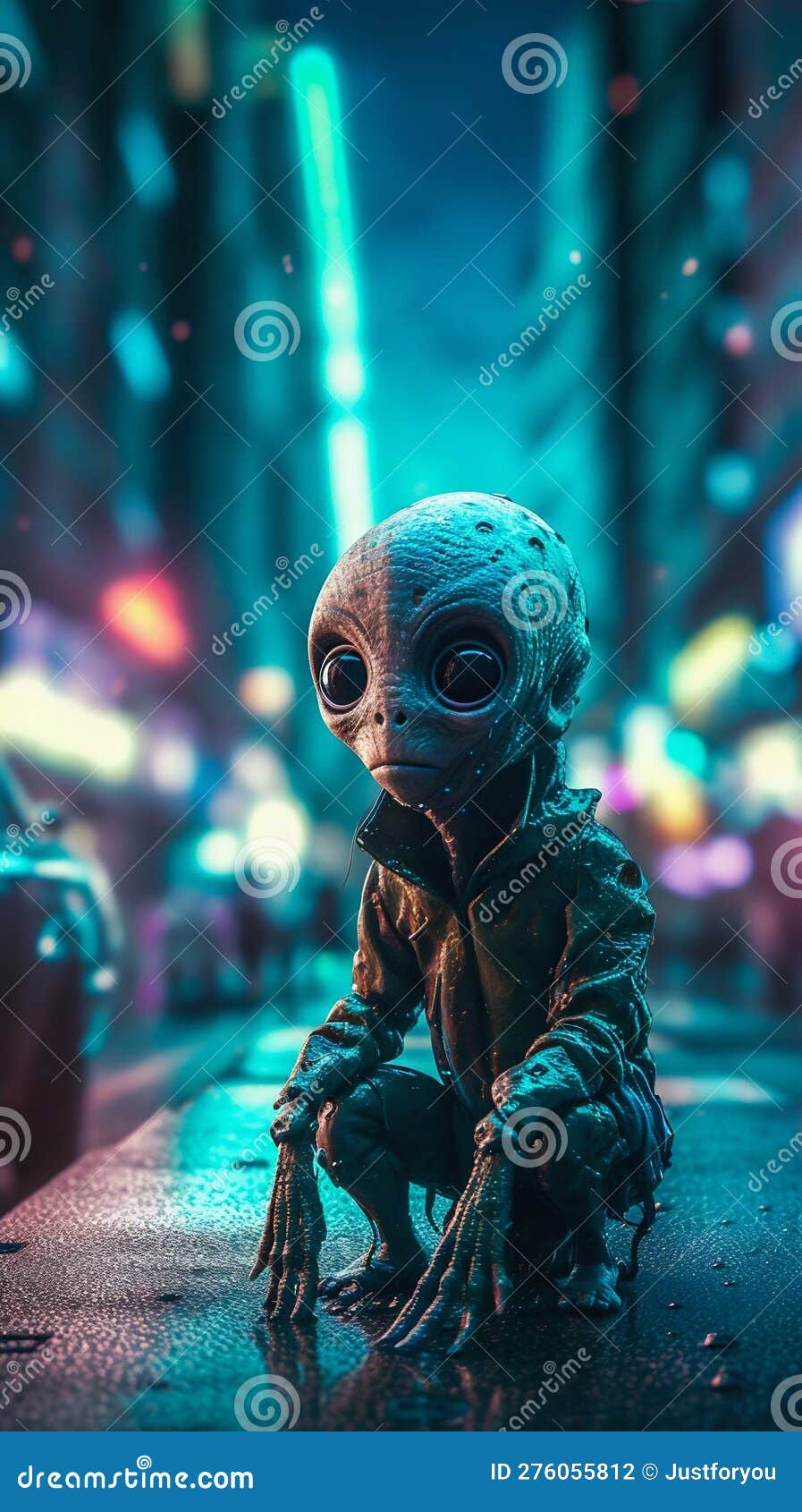 Tiny Alien in the Night City. Generative Ai Stock Illustration ...