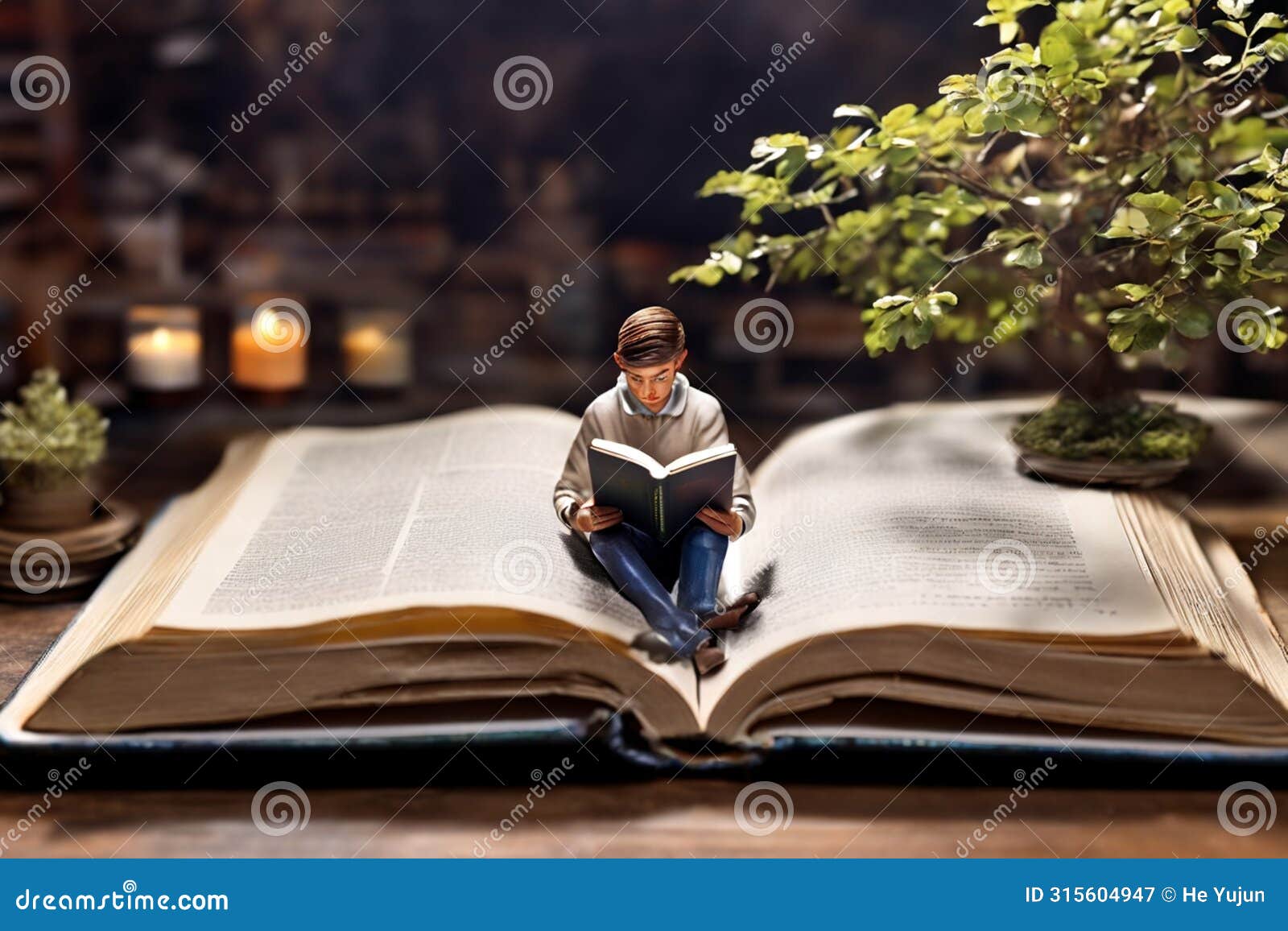 Tiny Bibliophile: Miniature Scene of a Reading Session Stock Image ...