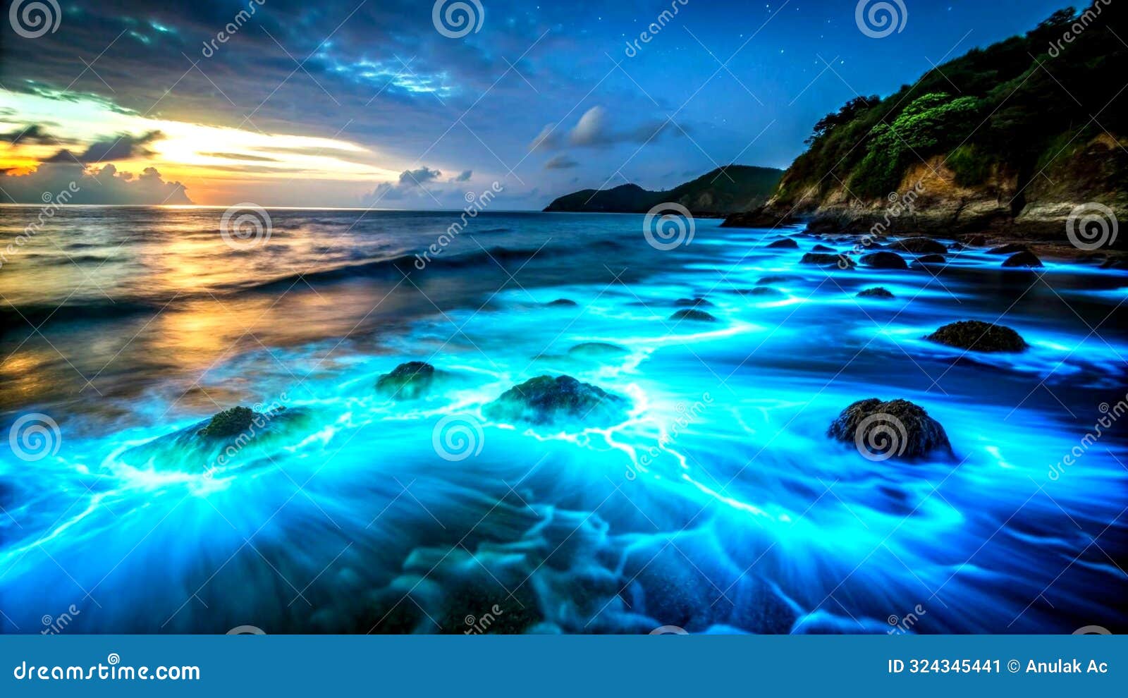 The Mystical Glow of Bioluminescent Algae in the Ocean Algorithmically ...