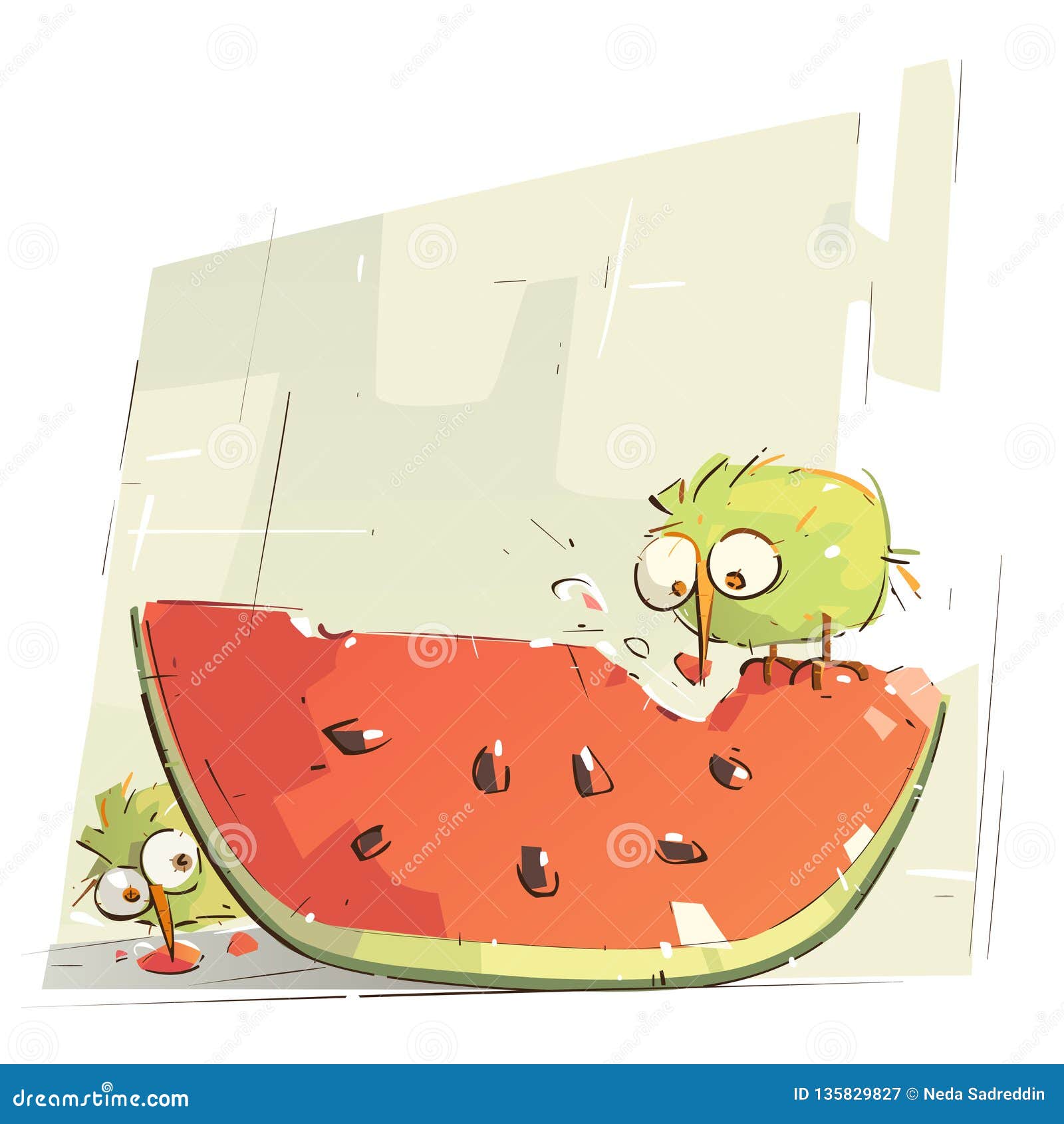 Tiny Birds Eating Watermelon Stock Vector - Illustration of green ...