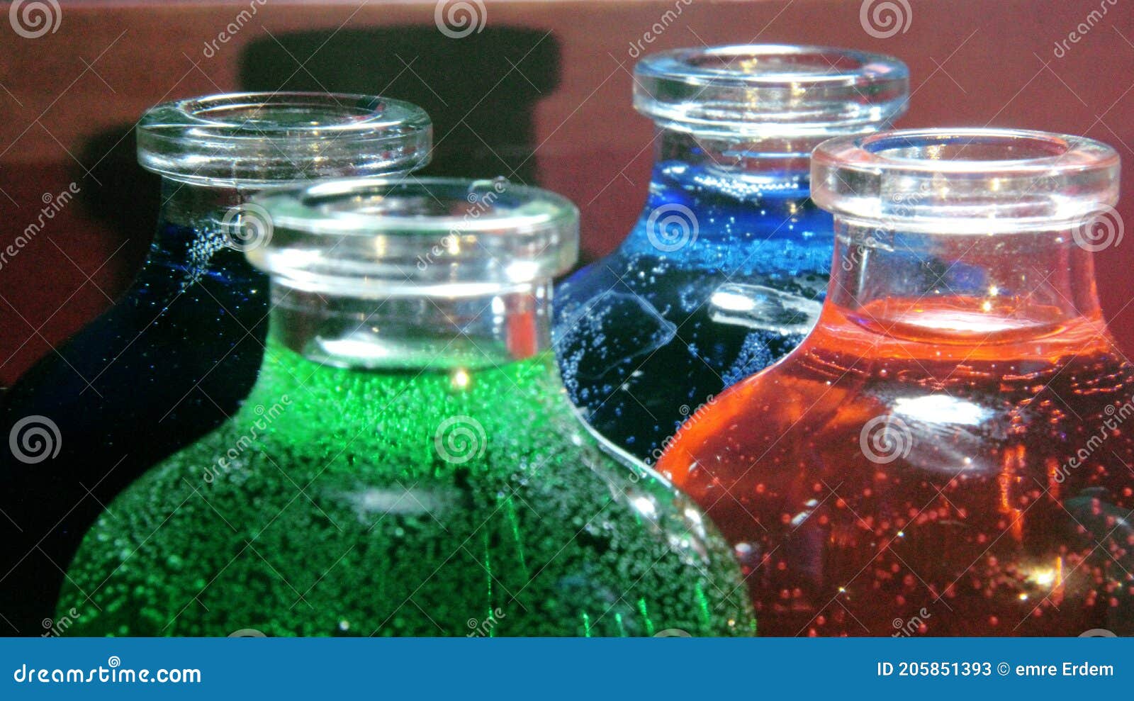 Tiny Bottles Containing Colored Liquids. Chemistry Experiment Stock ...