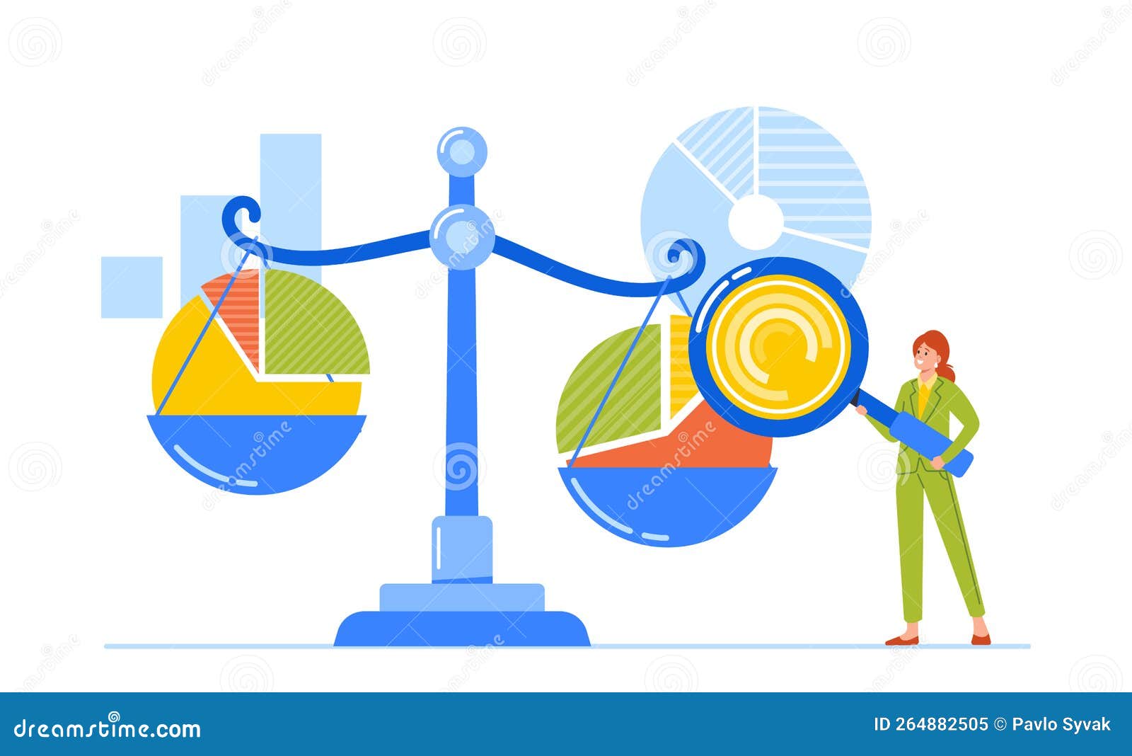 Tiny Business Character Analyzing Circular Chart On Huge Scales ... Tiny Business Character Analyzing Circular Chart On Huge Scales ...