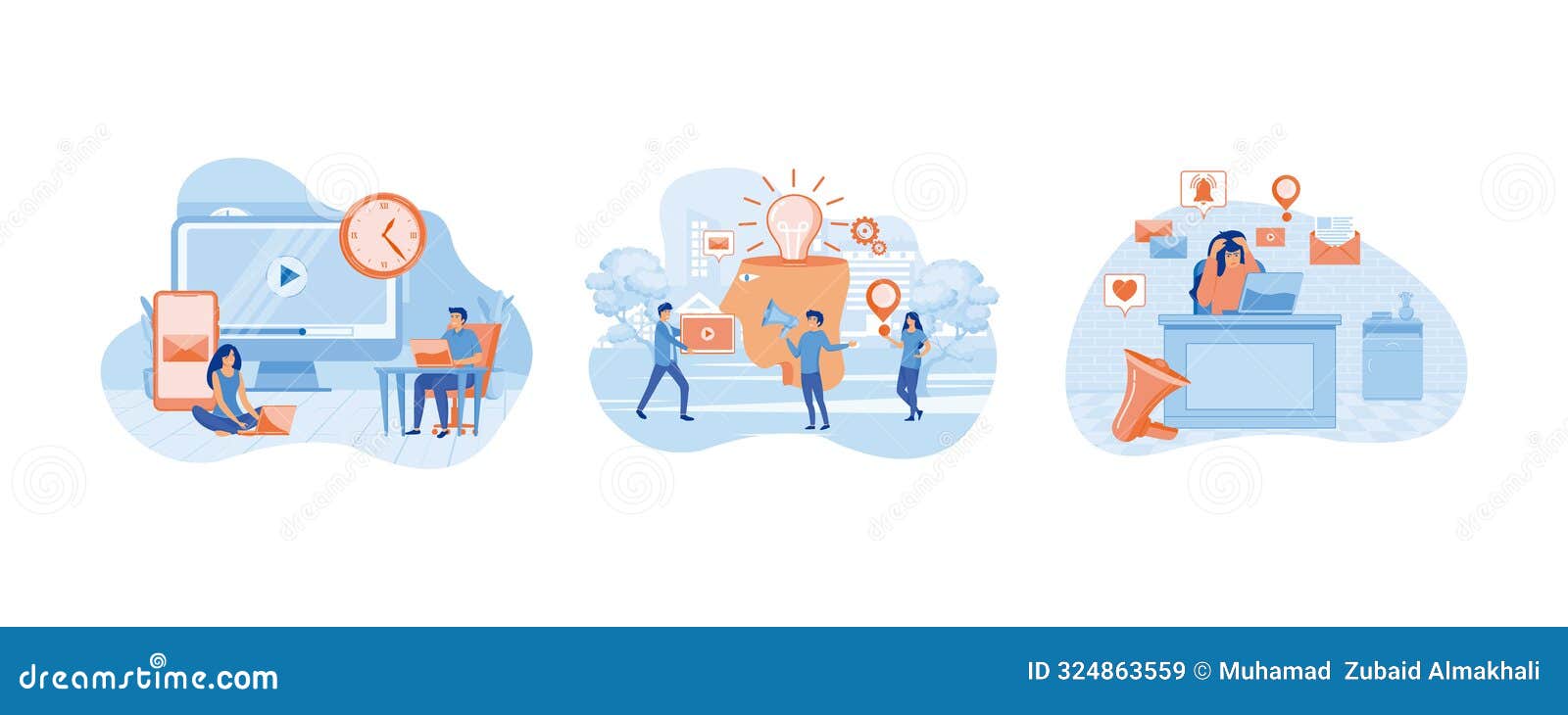 Tiny Business People Watching at Digital Devices Screens and Clock ...