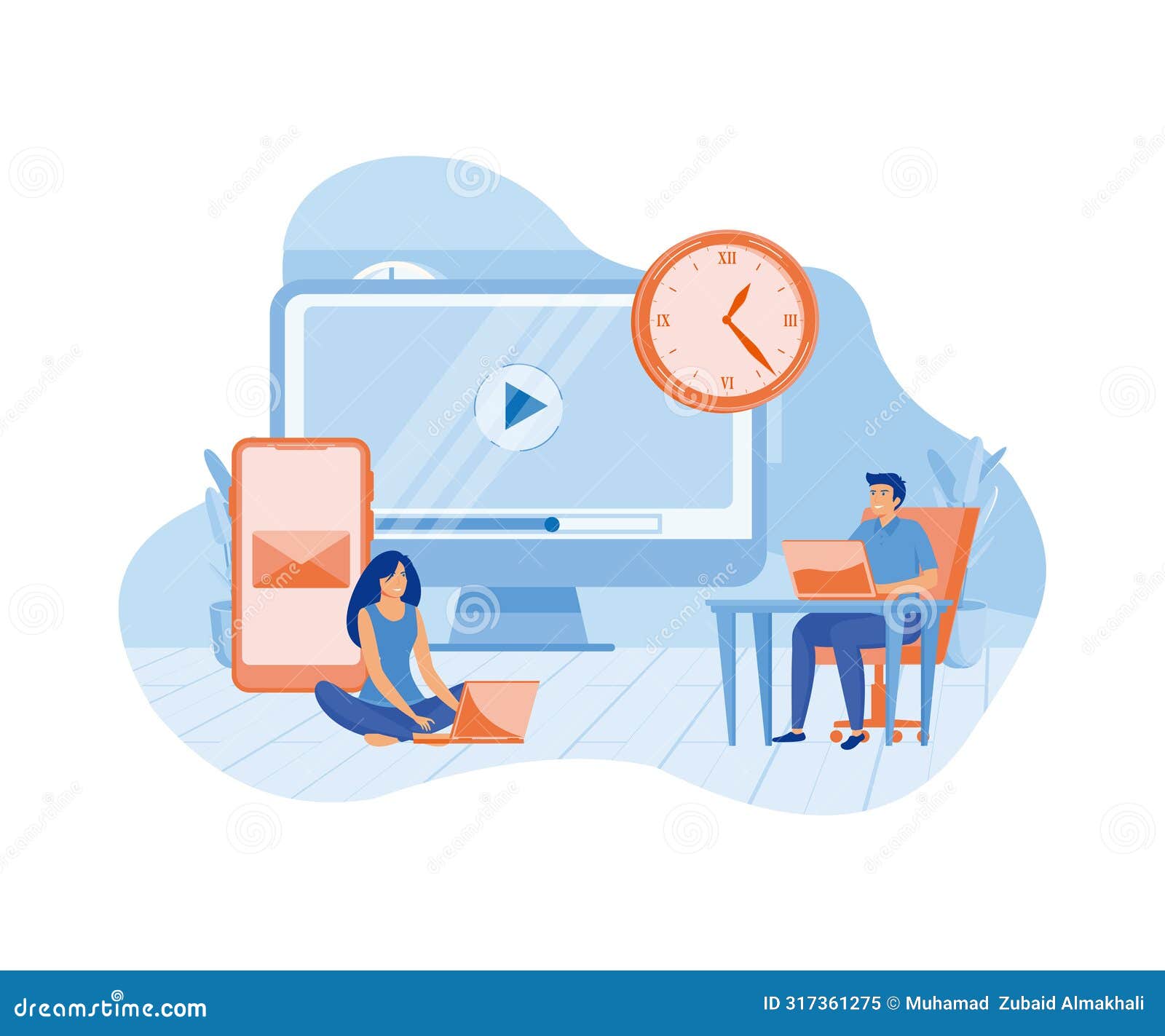 Tiny Business People Watching at Digital Devices Screens and Clock ...