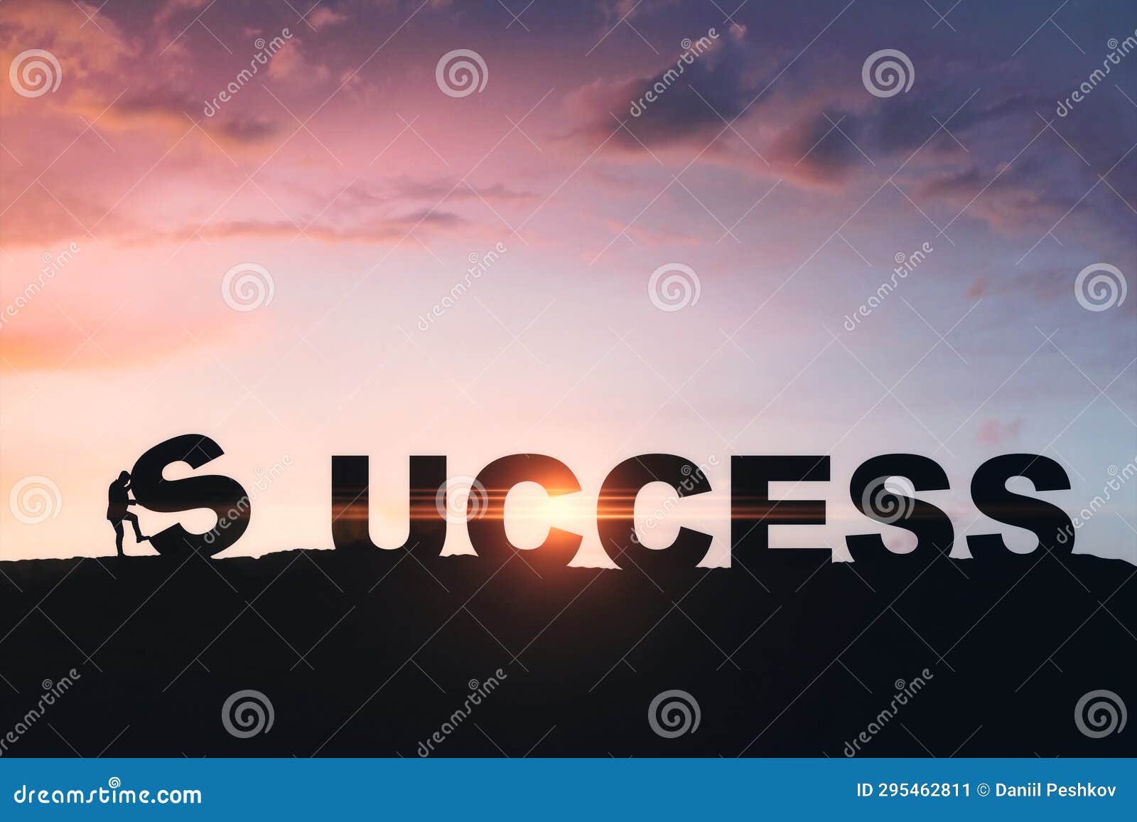 Tiny Businesspeople Putting Backlit Success Letters Together on Sunset ...