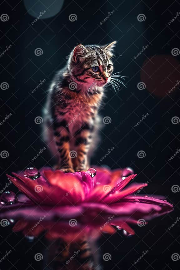 A Tiny Cat Balancing on the Tip of a Bright Pink Flower. Generative AI ...