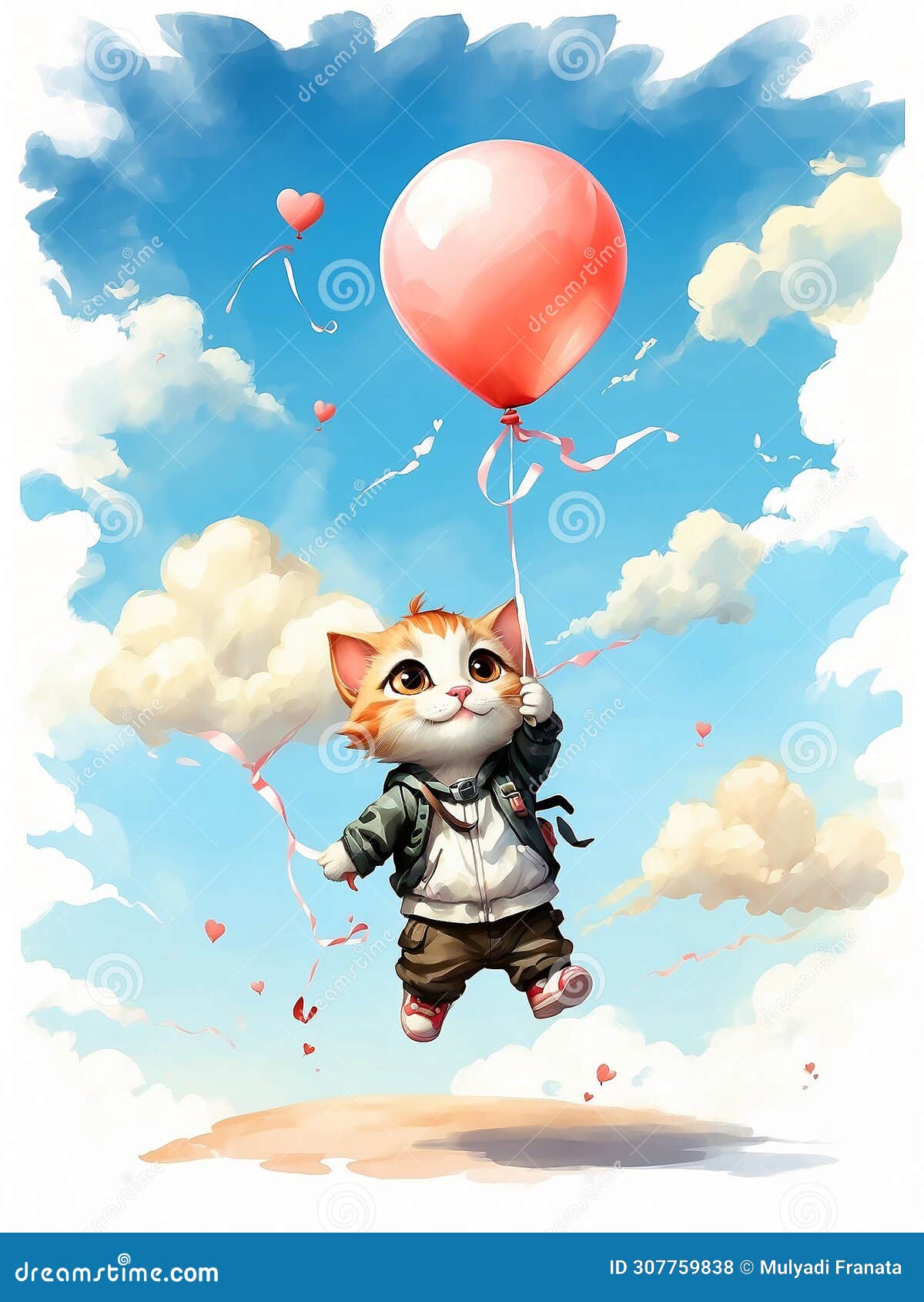 Small Cat Floating in the Sky with Balloons Stock Photo - Image of ...