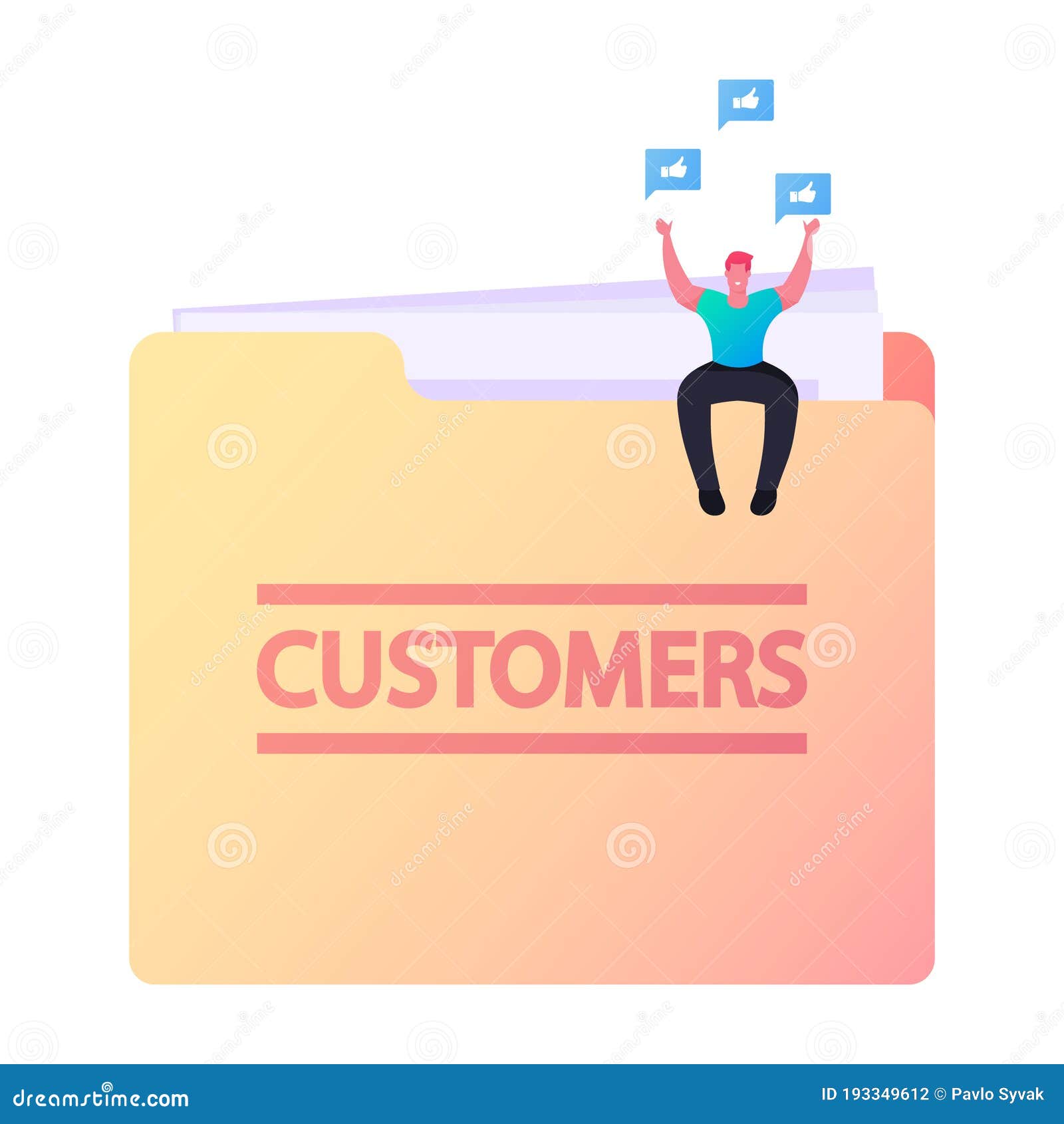 Tiny Character Sit On Huge Folder With Customers Base And Icons Of ...