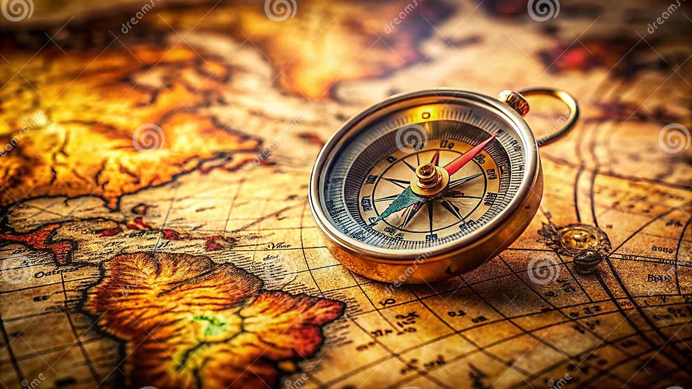 Tiny Compass Points the Way on a Vintage Map a TiltShift Perspective of ...