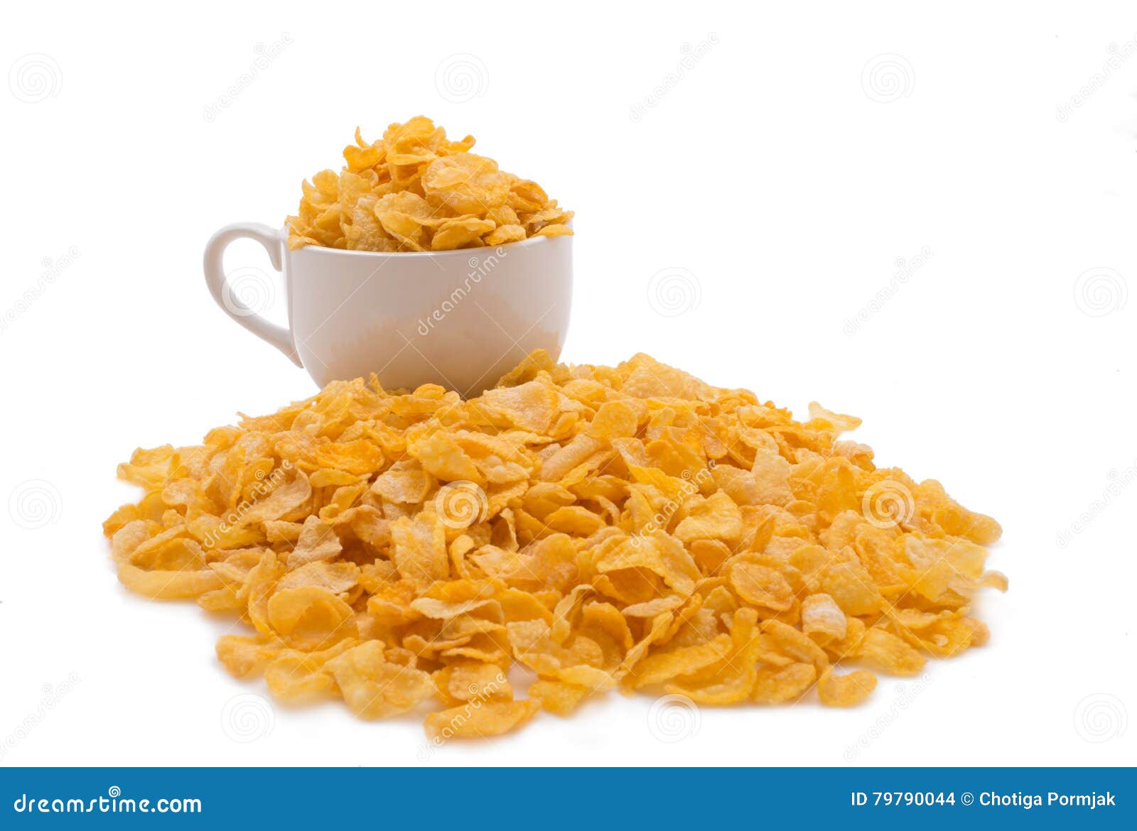 Tiny Cup Of Corn Flakes With Pile Of Corn Flakes Behind White Ba ...