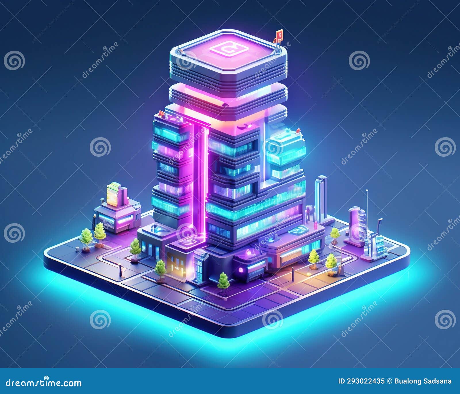Tiny Cute Isometric Futuristic Skyscraper Neon Lights. Stock ...