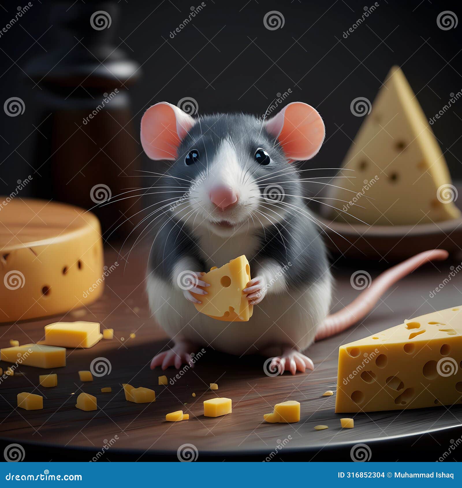Tiny Cute Rat Portrayed with Cheese in Adorable Setting Stock ...