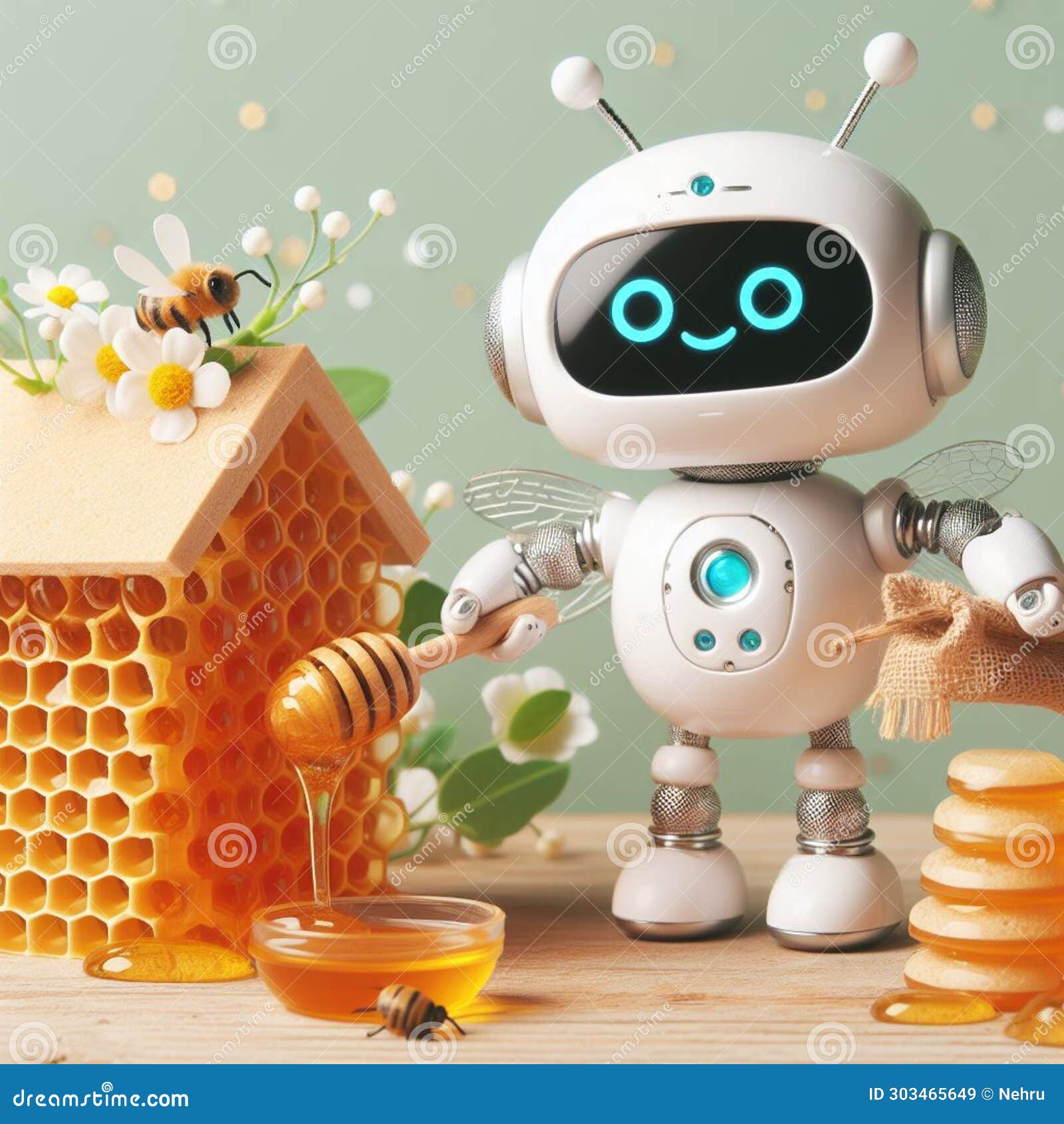 Tiny Cute Robot Collecting Honey in Bee Hive Stock Image - Image of ...