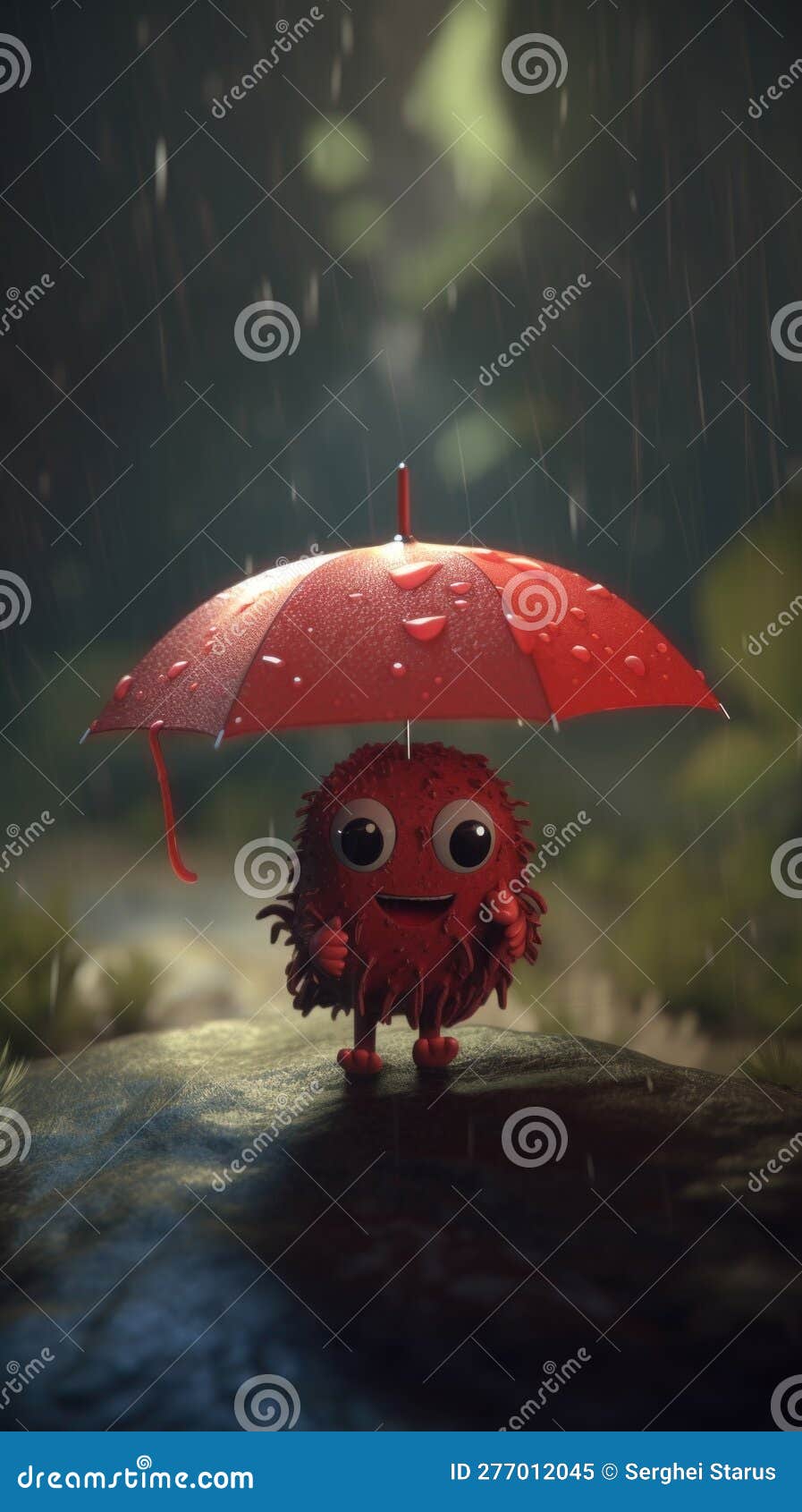 A Tiny Cute Unknown Creature Holding an Umbrella in the Rain. AI ...