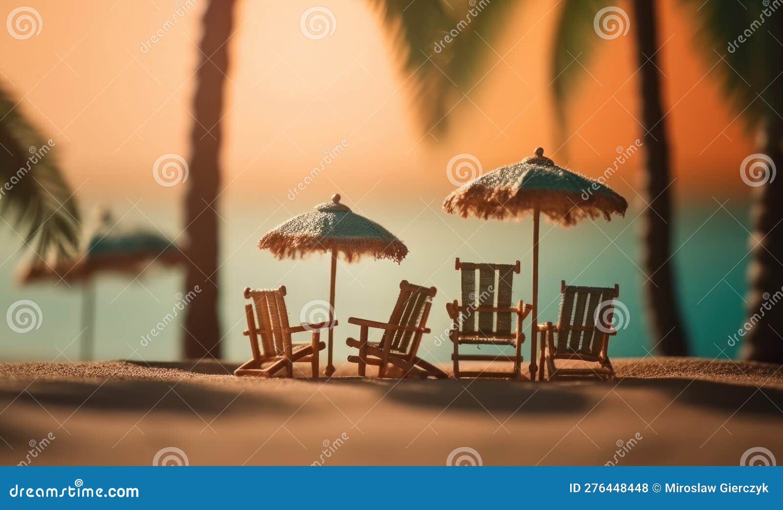 Tiny Deck Chairs and Umbrellas on the Beach Stock Illustration - Illustration of paradise ...