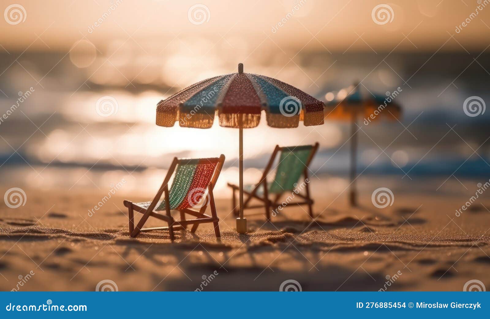 Tiny Deck Chairs and Umbrellas on the Beach Stock Illustration - Illustration of people, sunrise ...