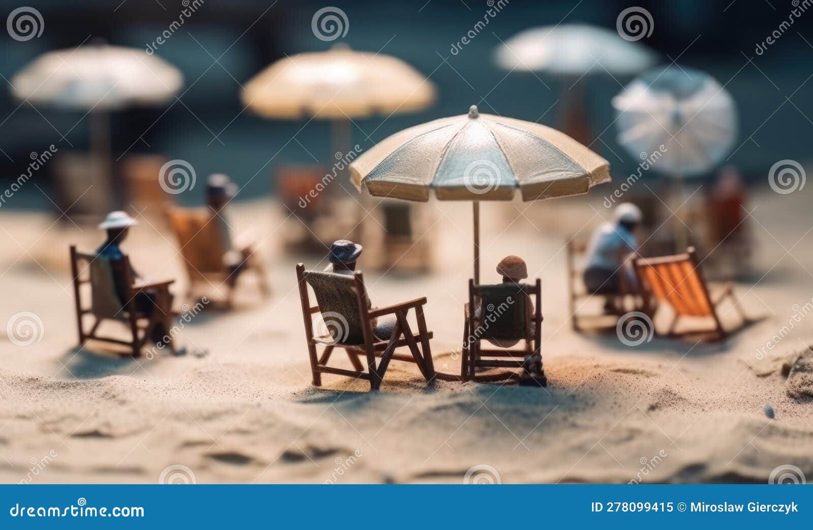 Tiny Deck Chairs and Umbrellas on the Beach Stock Illustration - Illustration of tiltshift, blue ...