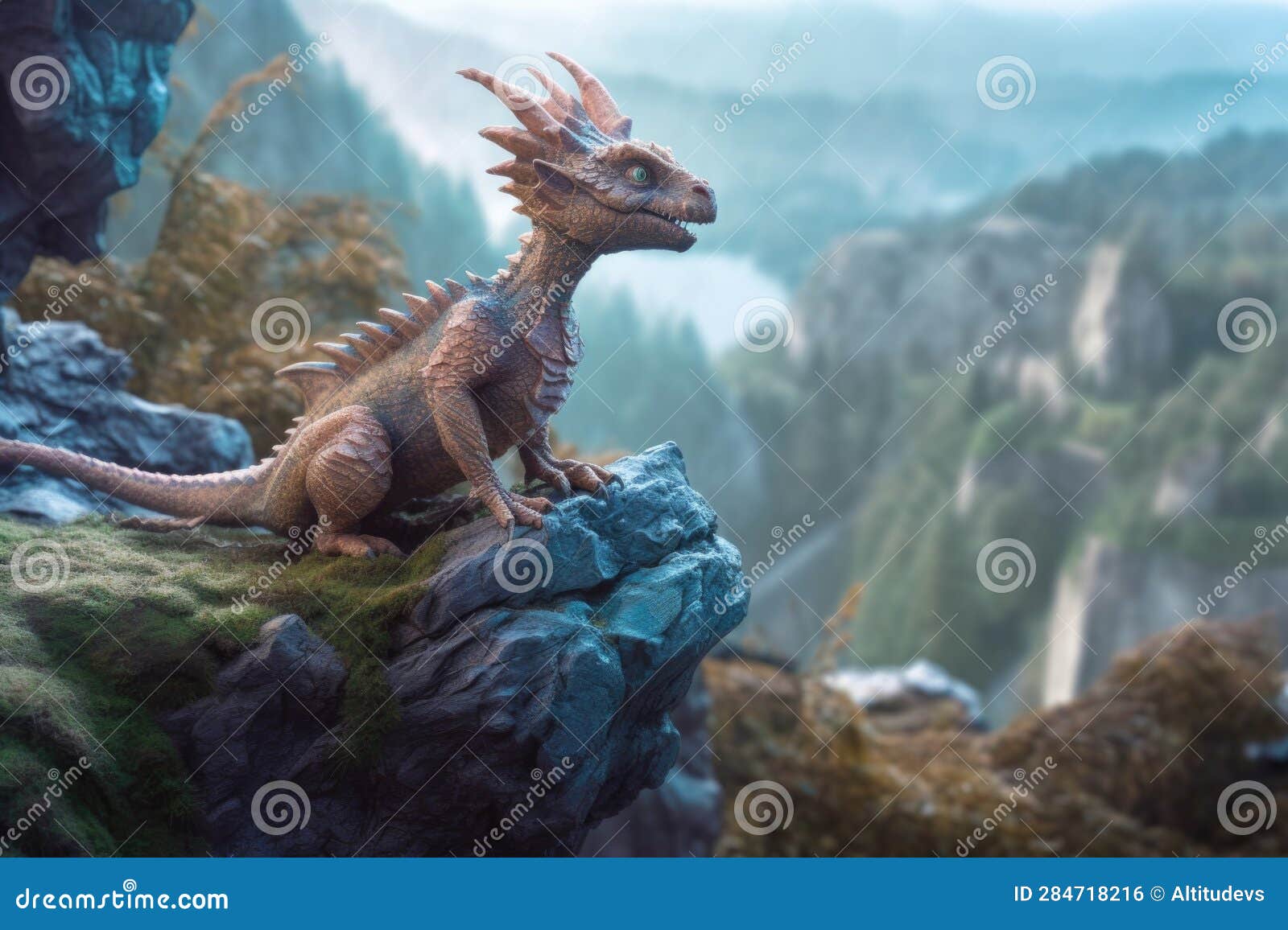 Tiny Dragon Perched on a Rock, Overlooking a Valley Stock Photo - Image ...