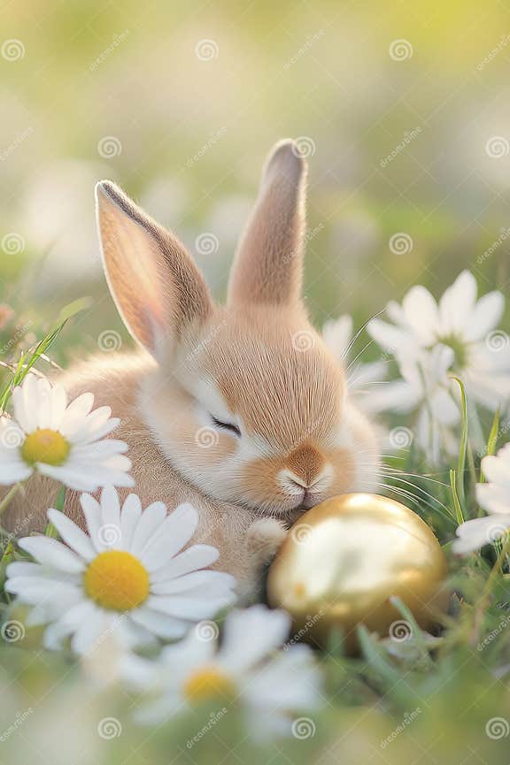 A Tiny Easter Bunny Curled Up Inside a Daisy, Peacefully Sleeping with ...