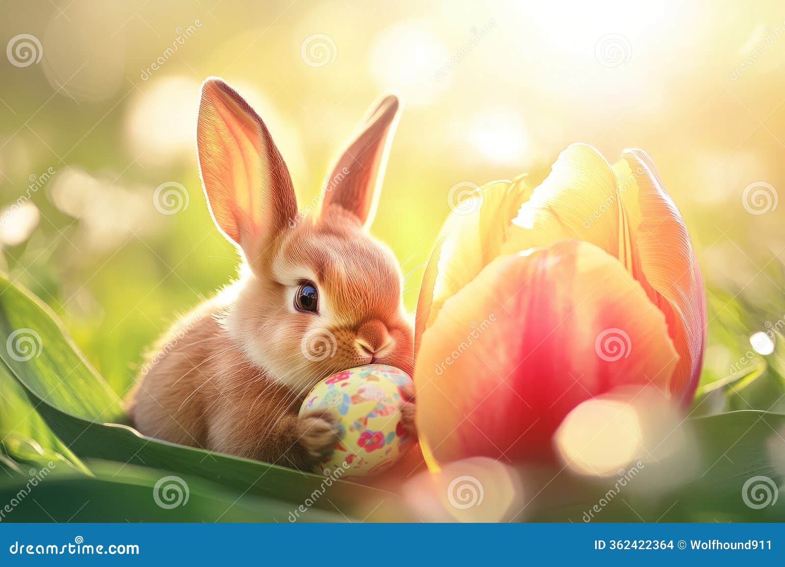 A Tiny Easter Bunny Resting Inside a Giant Tulip, Playfully Rolling a ...