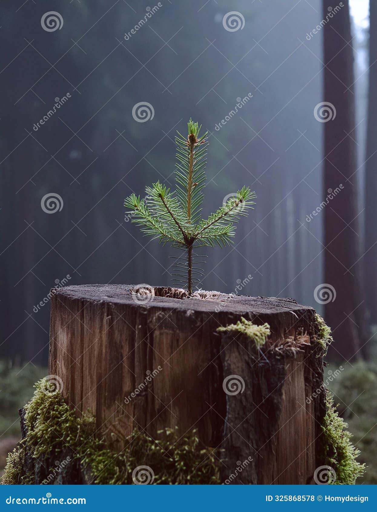 A Tiny Evergreen Sapling Grows from a Moss-covered Tree Stump in a ...