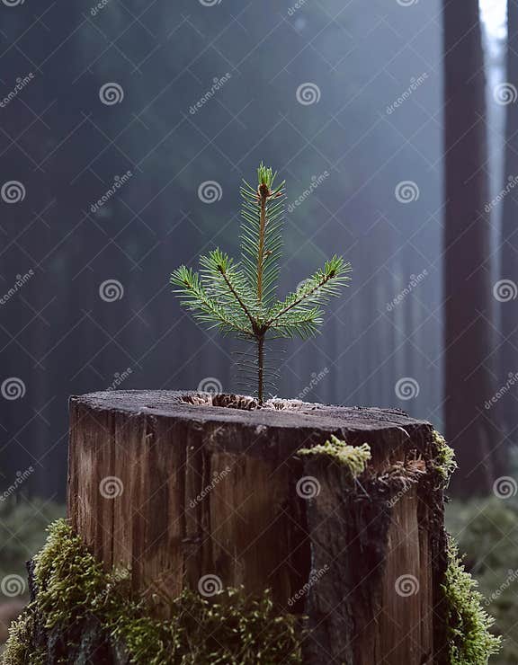 A Tiny Evergreen Sapling Grows from a Moss-covered Tree Stump in a ...