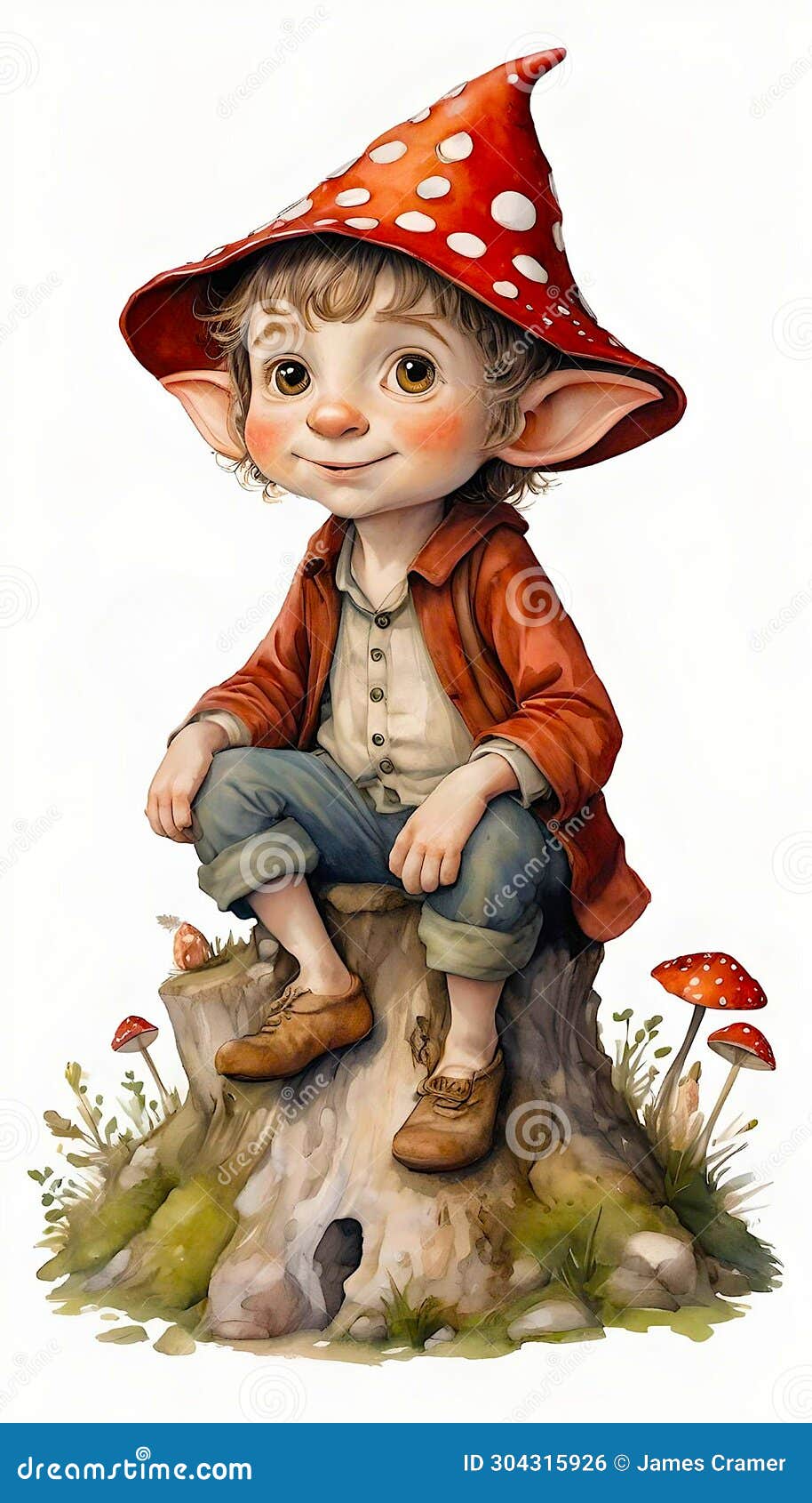 Tiny Fantasy Elf Sat on a Tree Stump Wearing a Toadstool Hat Taking a Rest in the Forest. Stock ...