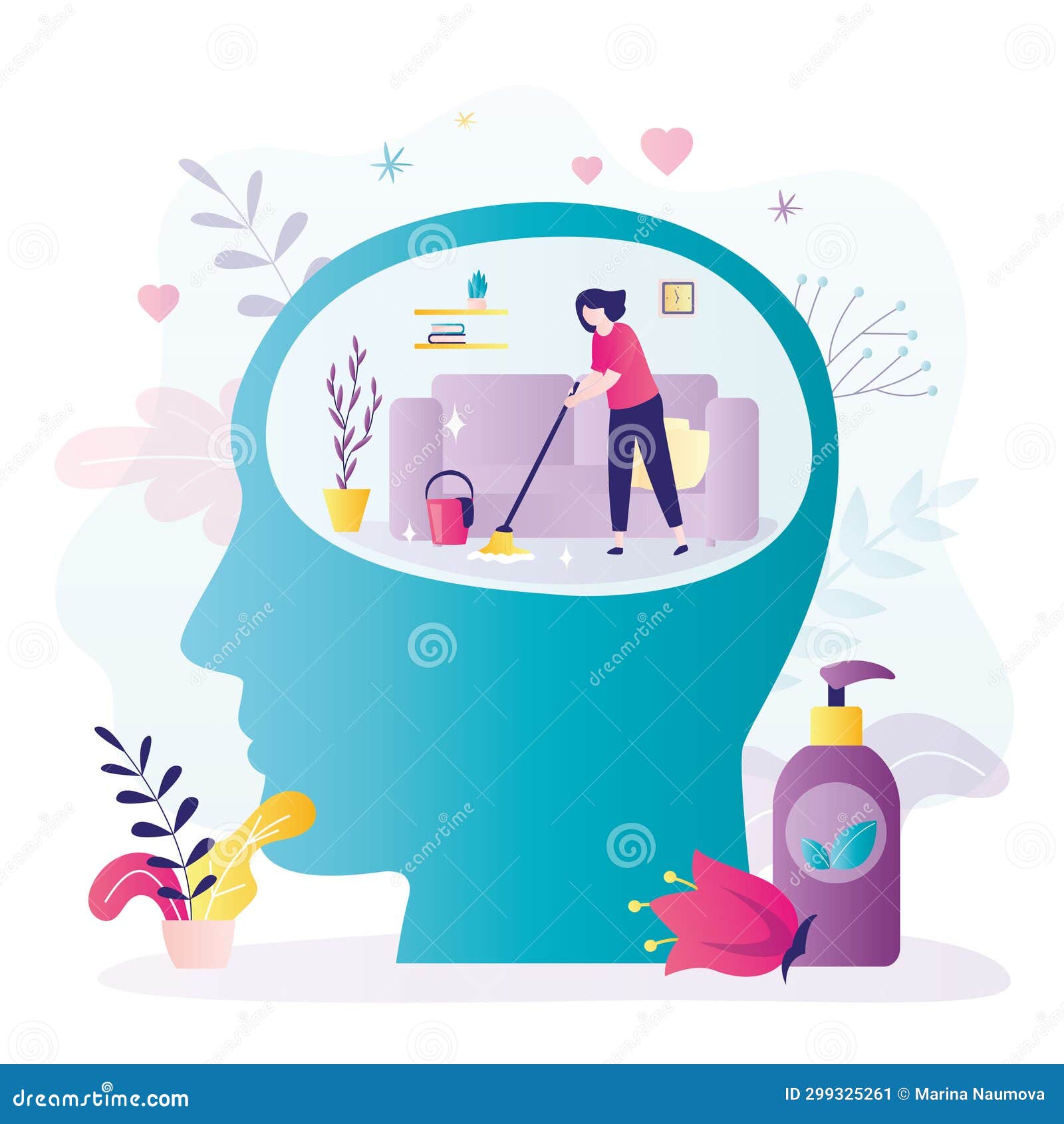 Tiny Female Character Cleaning Space Inside Human Head. Person Solves ...