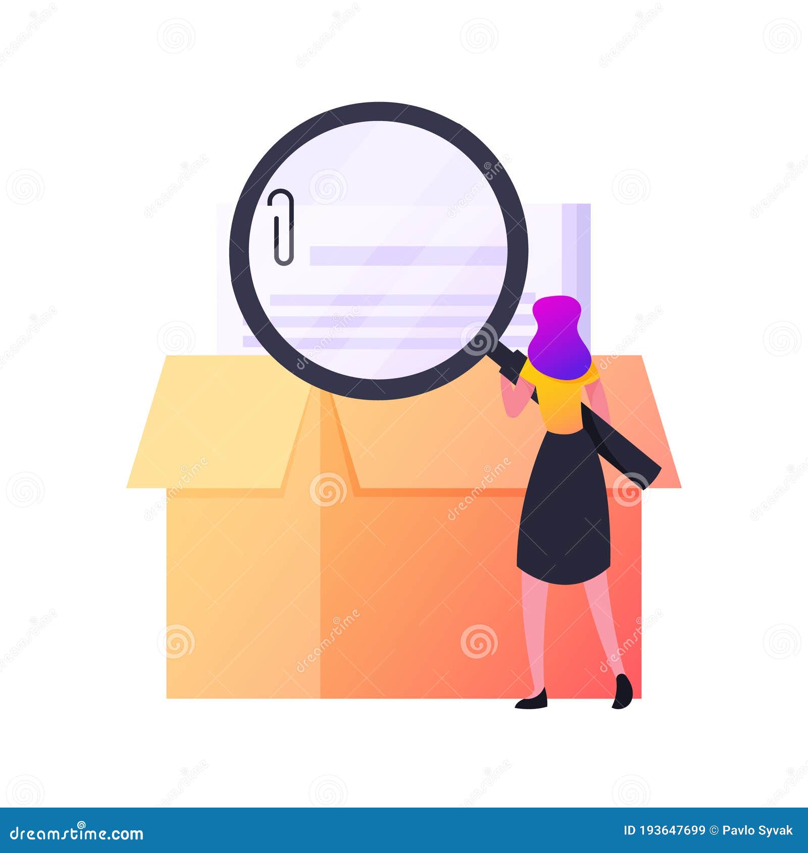 Tiny Female Character With Huge Magnifying Glass Reading Paper Document ...