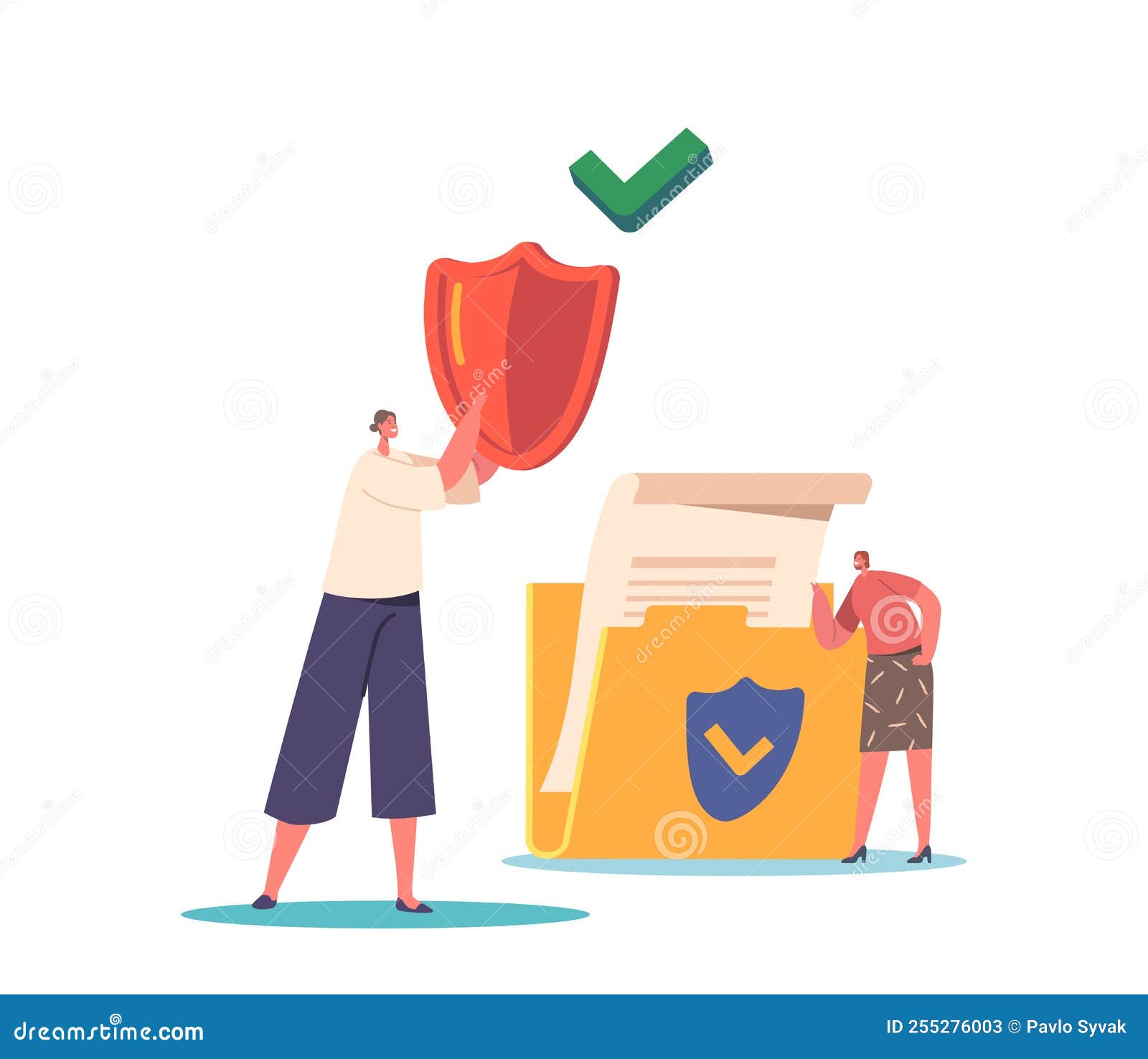 Tiny Female Characters with Huge Red Shield and Protected Folder with ...