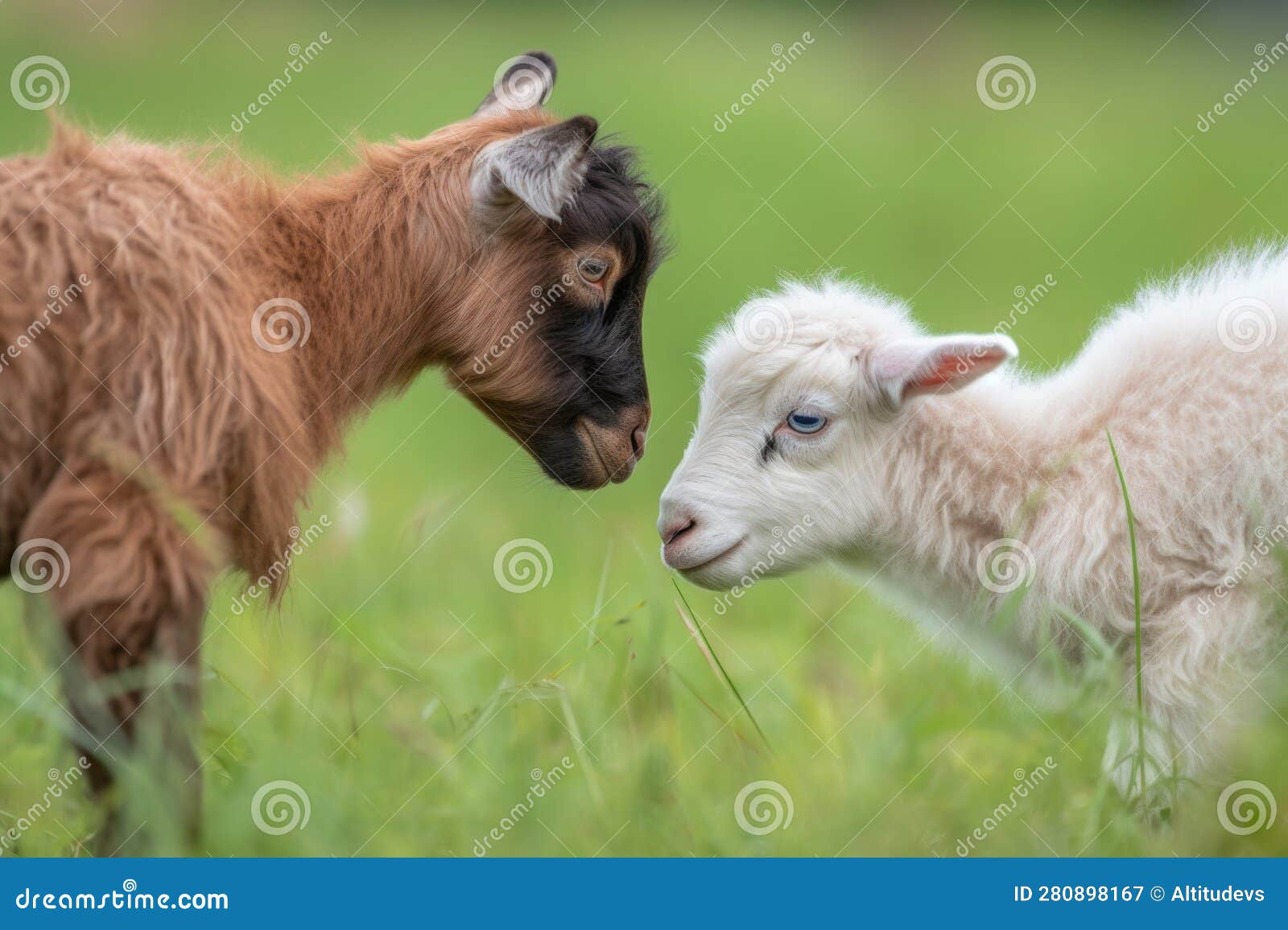 Tiny Goat Head-butting Another Goat on a Green Pasture Stock Image ...