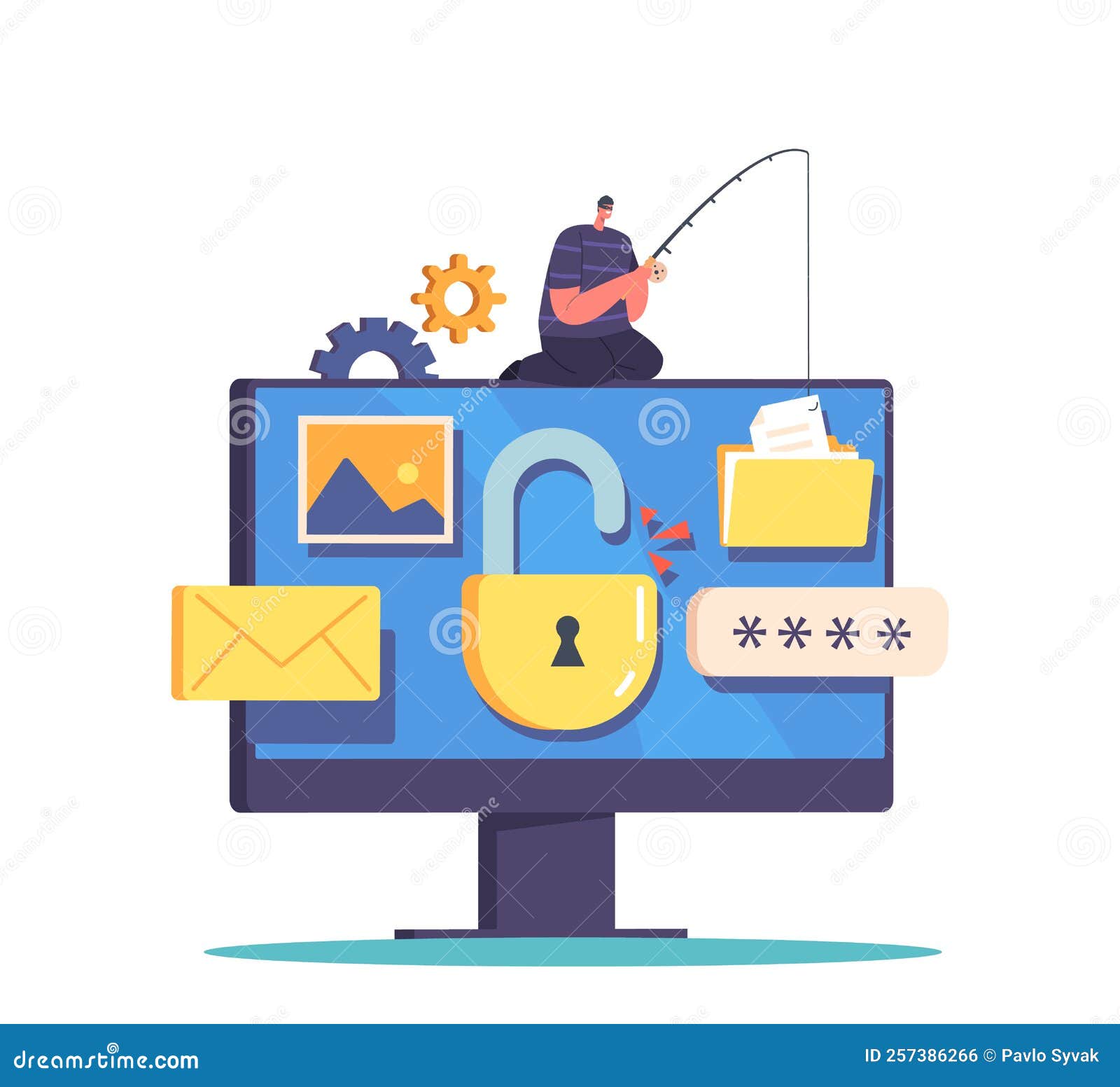 Tiny Hacker Male Character Sitting on Huge Computer with Rod Phishing ...