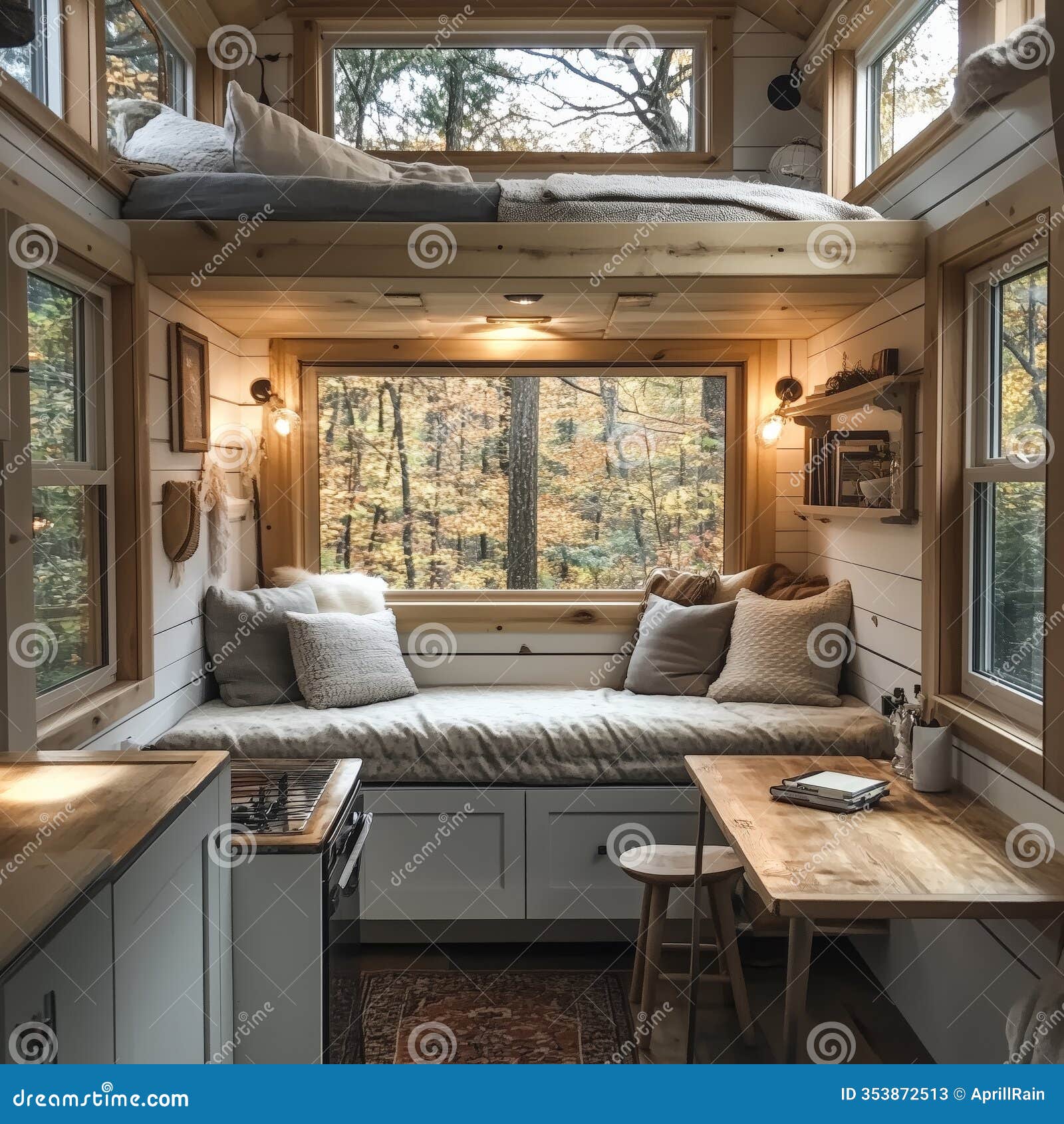 Tiny Home Interior with Loft Bed and Forest View Stock Image - Image of ...