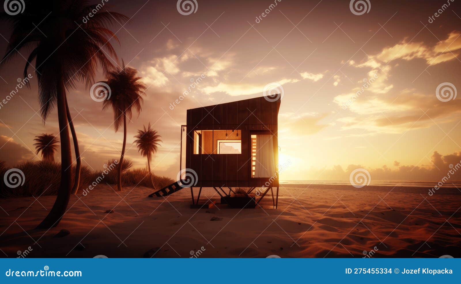 Tiny House on the Beach at Sunset. Generative Ai. Stock Illustration ...