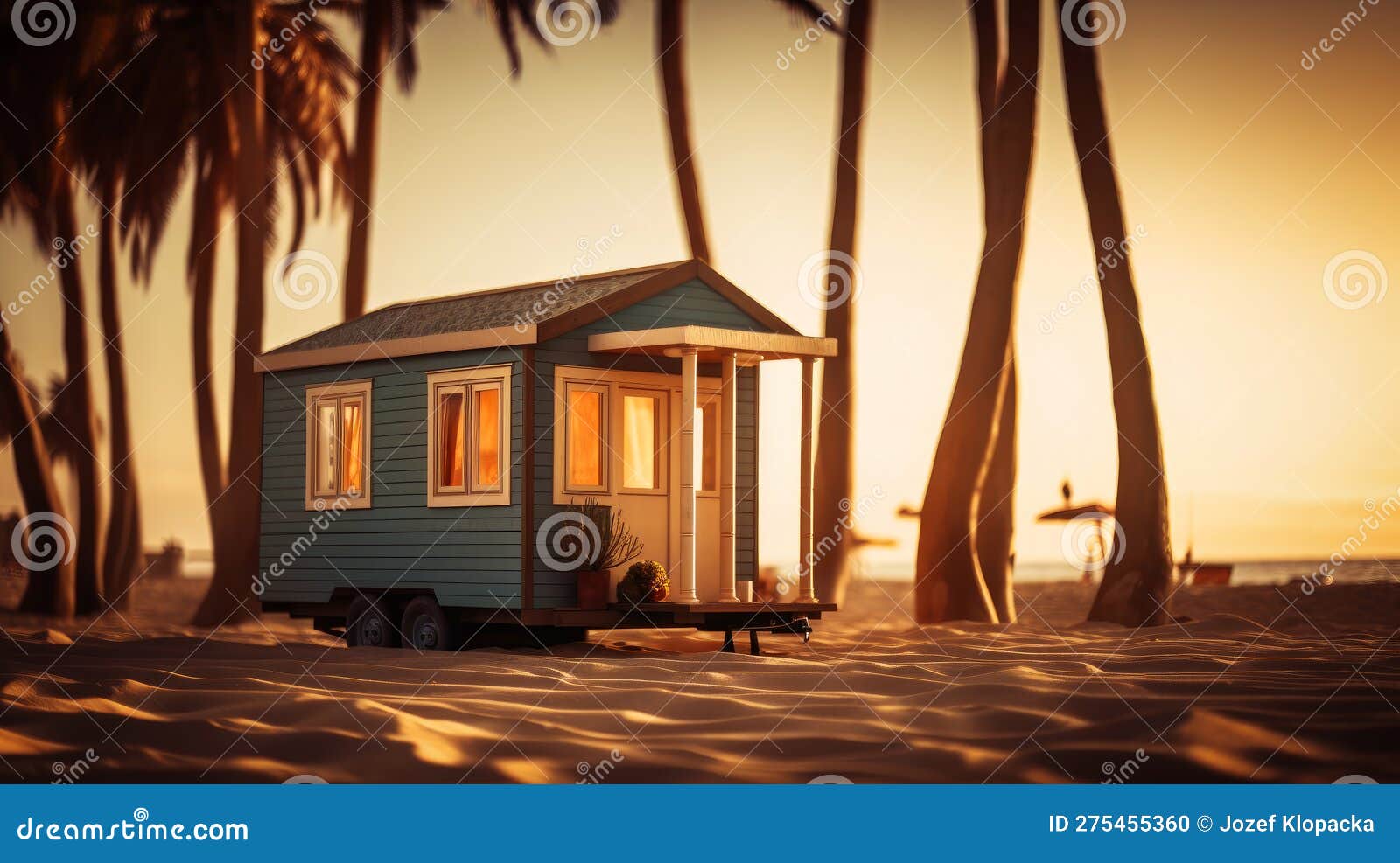 Tiny House on the Beach at Sunset. Generative Ai. Stock Illustration ...