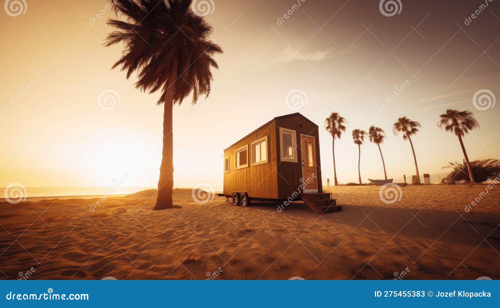 Tiny House on the Beach at Sunset. Generative Ai. Stock Illustration ...