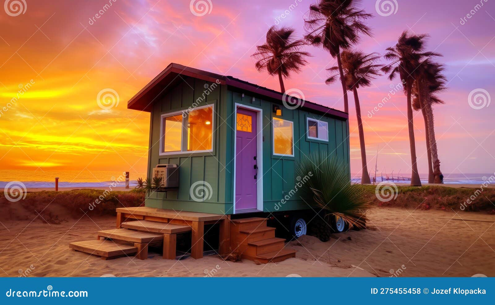 Tiny House on the Beach at Sunset. Generative Ai. Stock Illustration ...