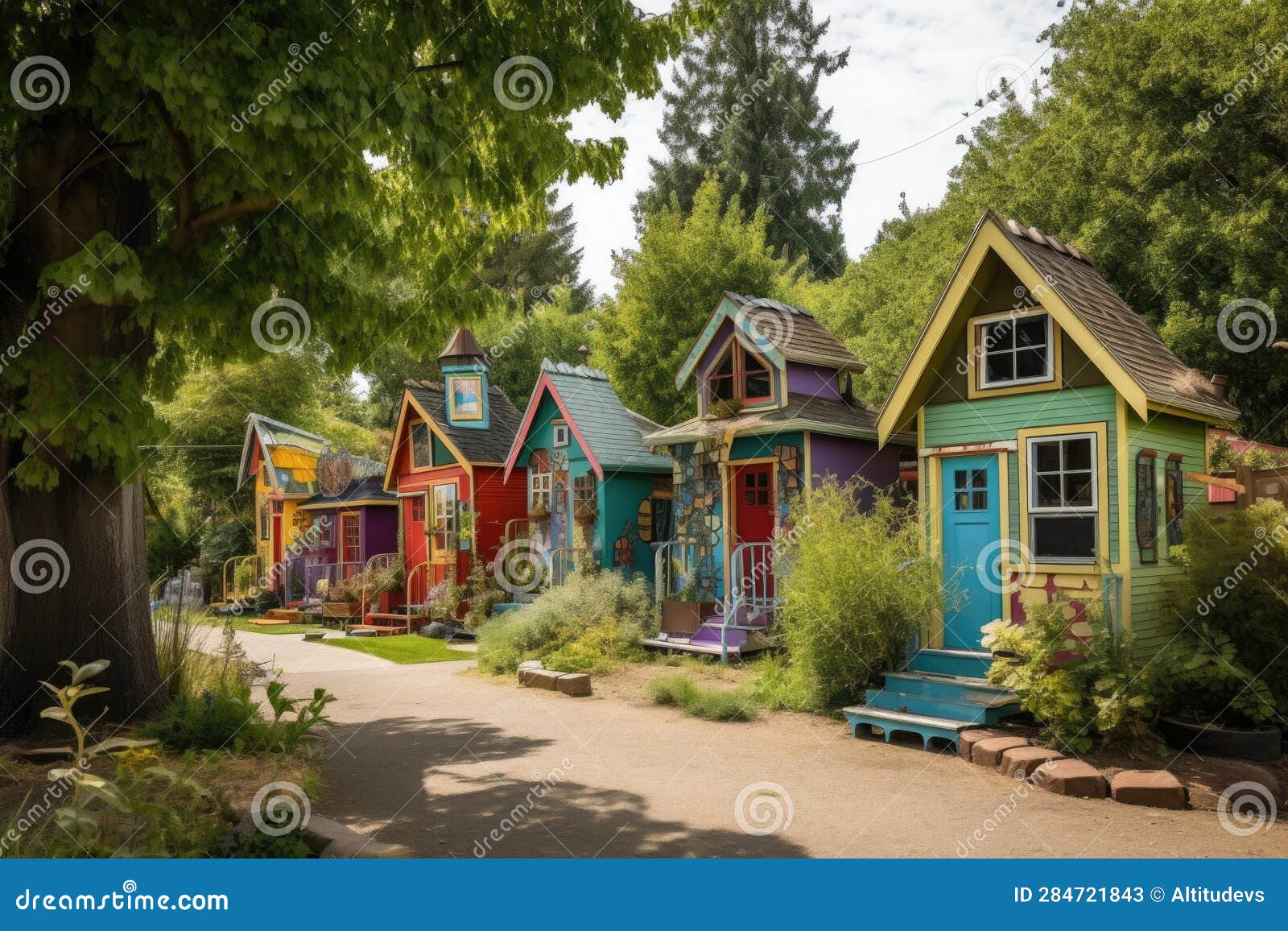 A Tiny House Community Filled With Whimsical, Colorful Homes In A Park ...