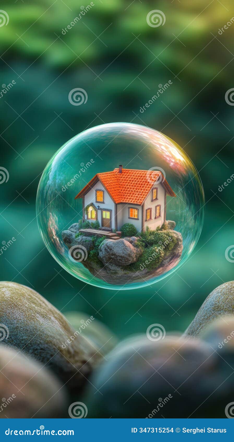 A Tiny House Encased in a Bubble Floats Above a Lush Green Landscape ...