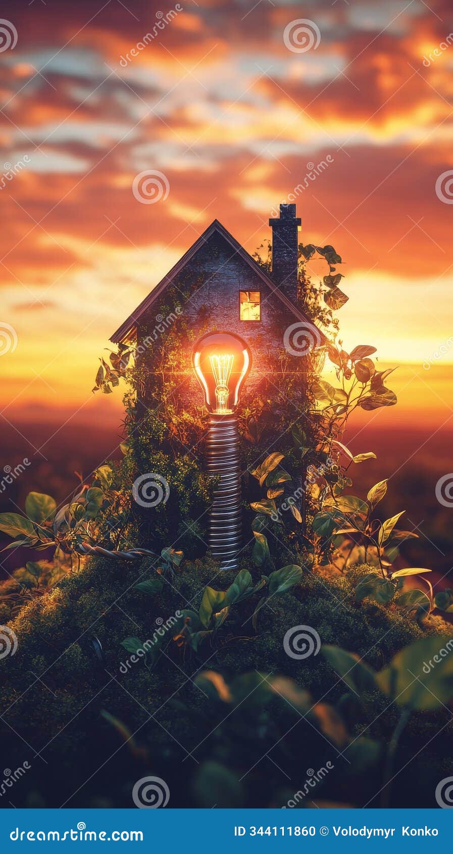 Tiny House with Glowing Light Bulb at Sunset, Nature Concept Stock ...