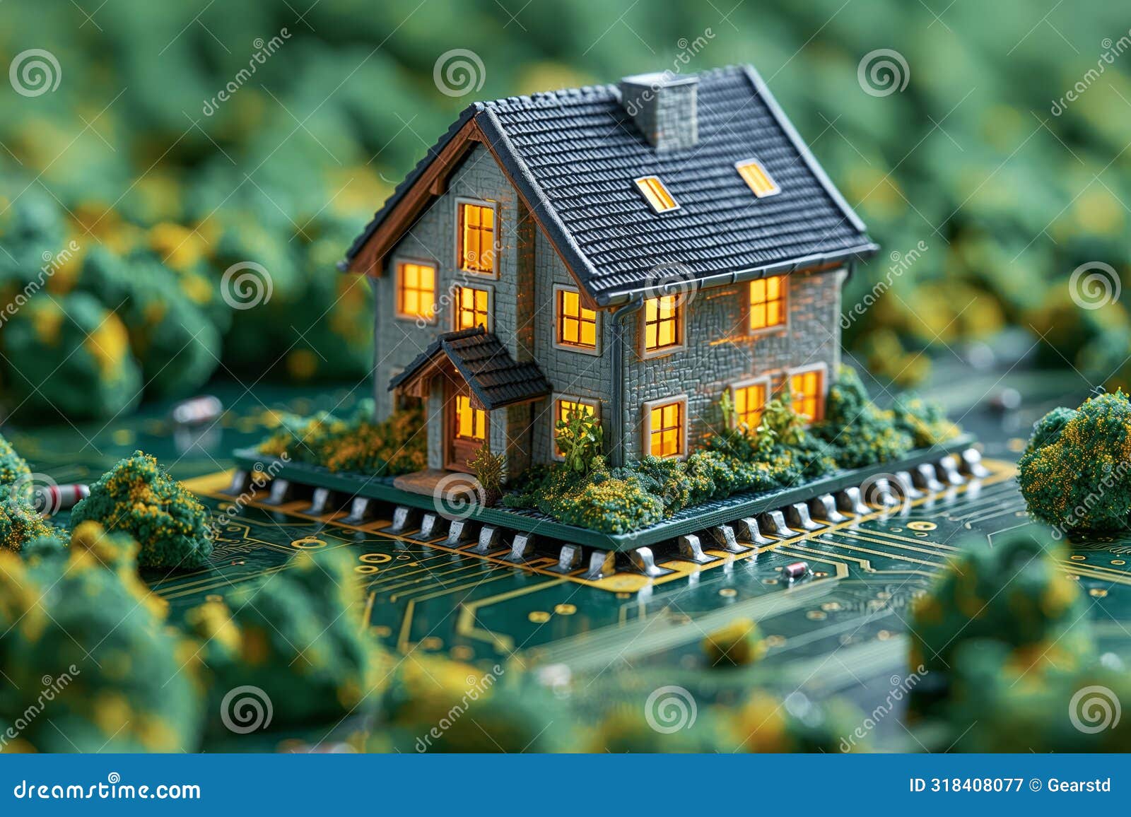Tiny House Model on a Green Circuit Board Stock Image - Image of ...