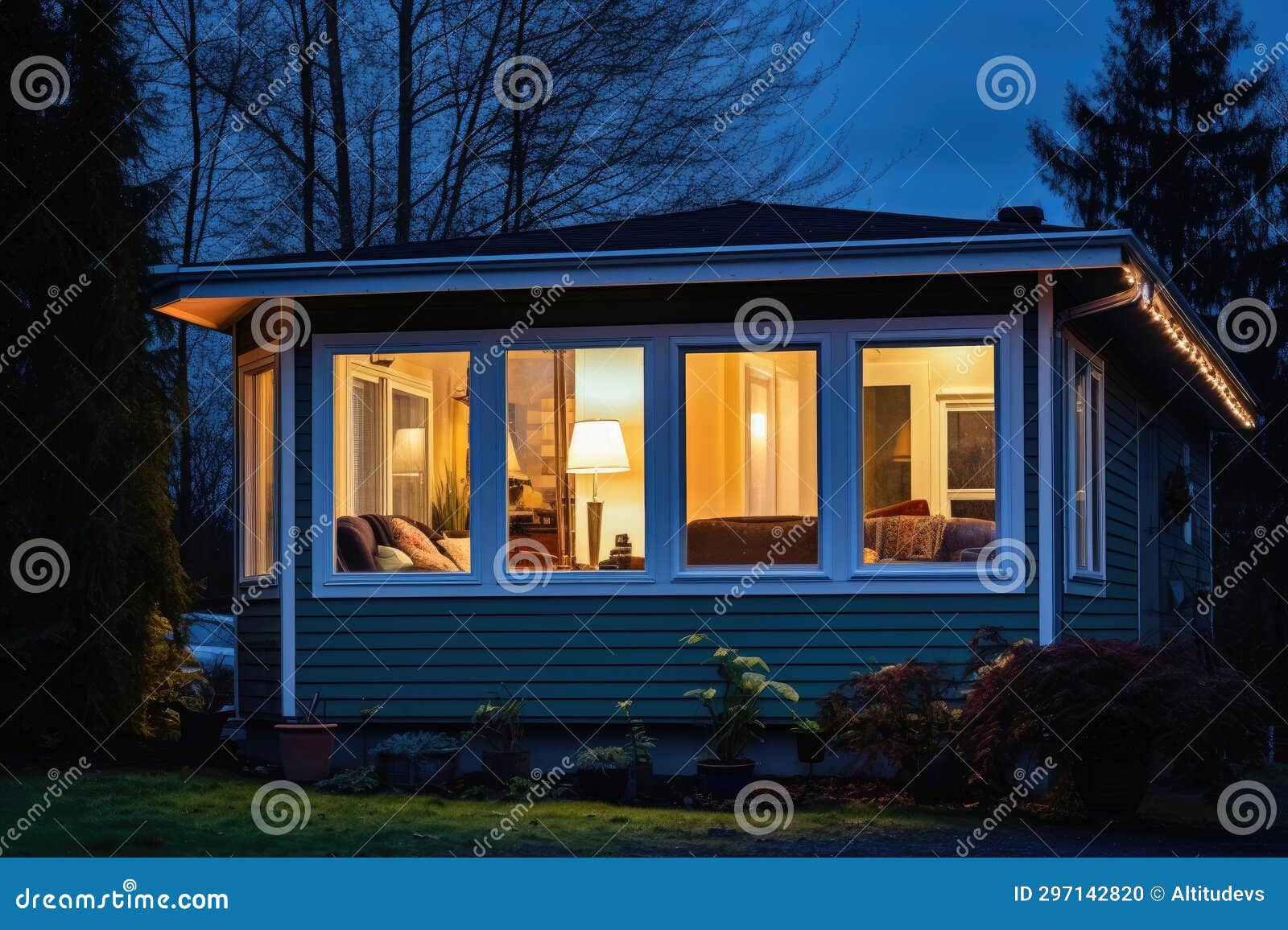 Tiny House at Night with Warm Light from Windows Stock Photo - Image of ...