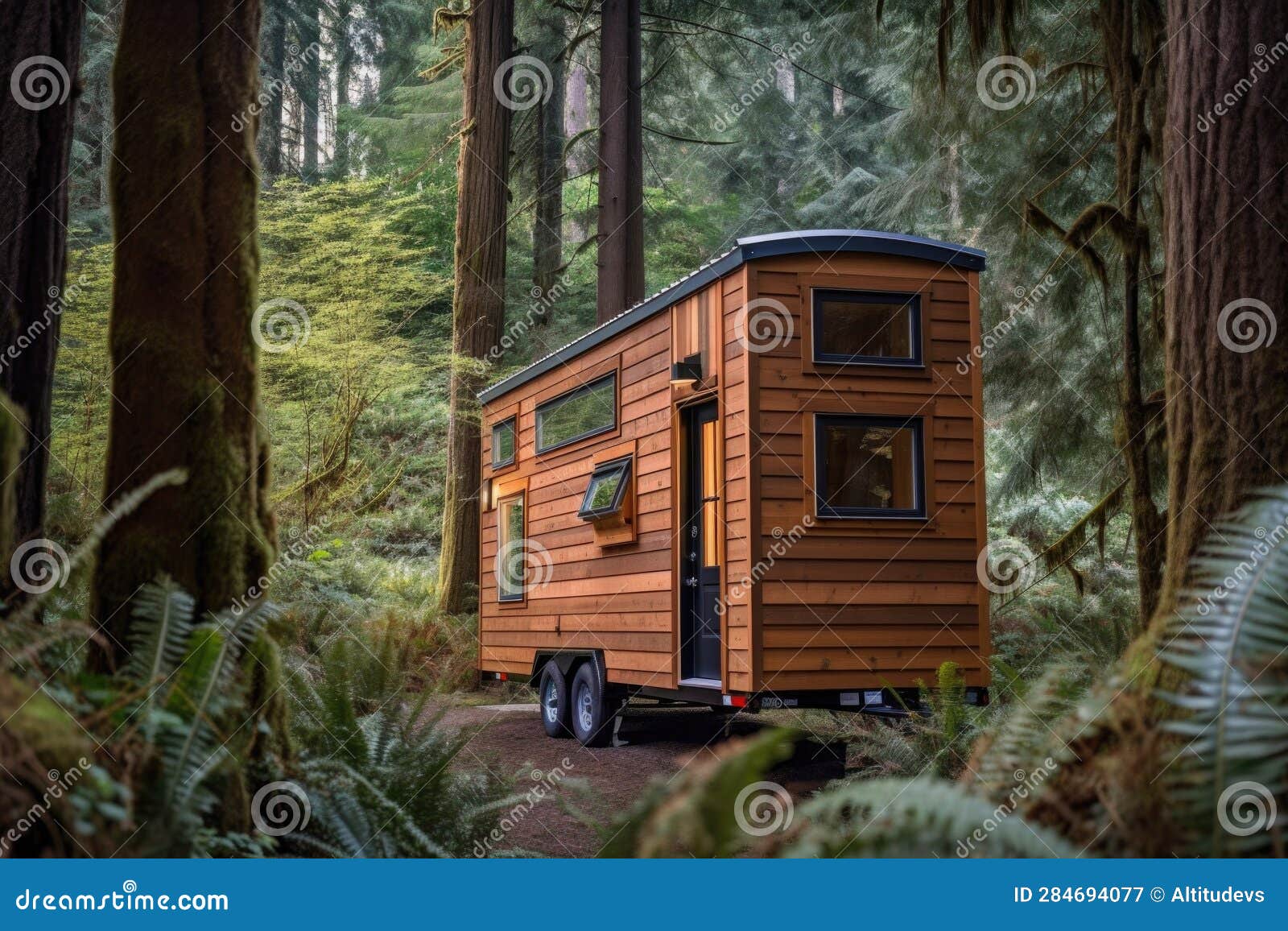 Tiny House on Wheels, Parked in Forest with View of the Trees Stock ...