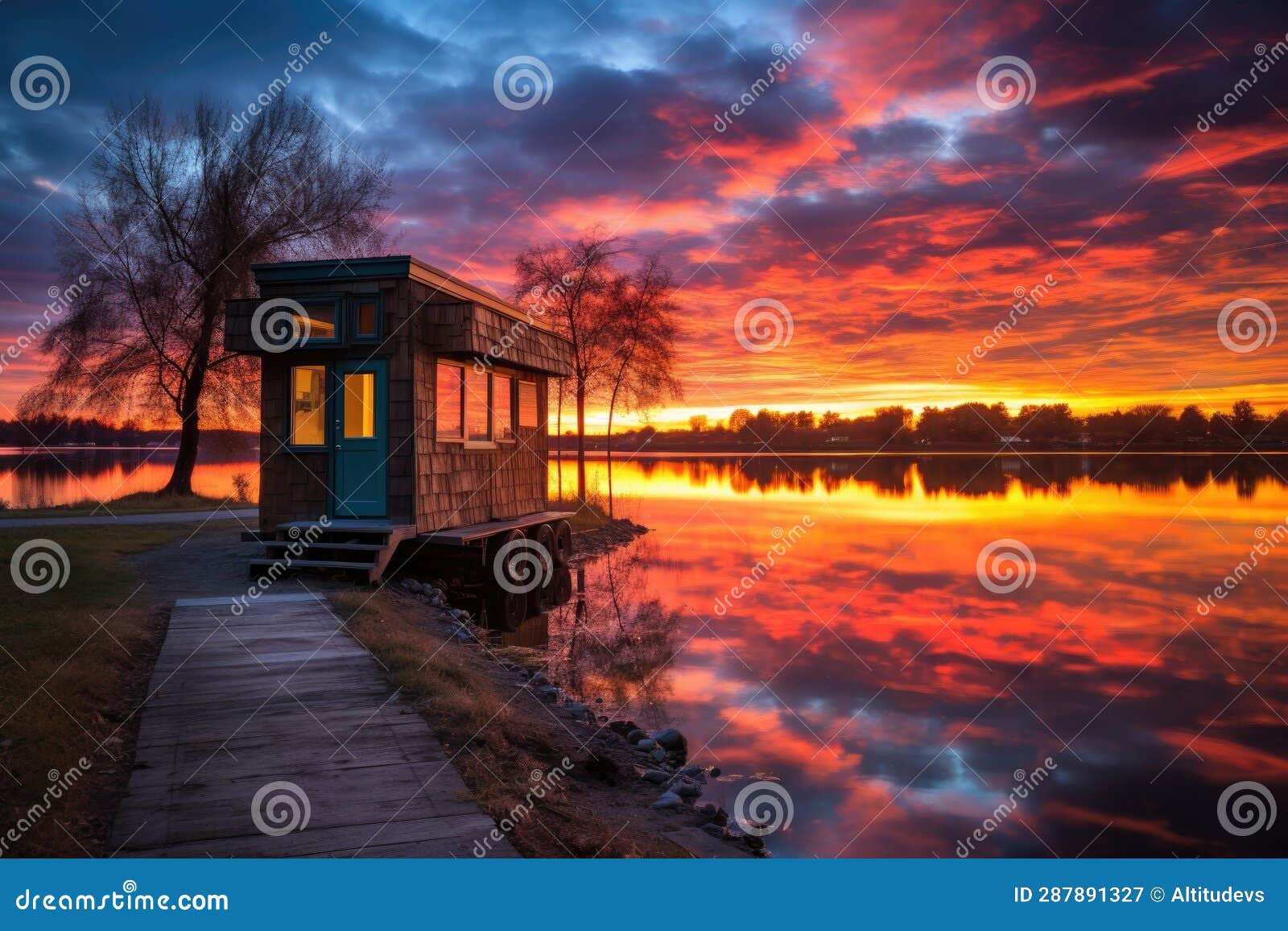 Tiny House on Wheels at Sunset by a Lake Stock Image - Image of small ...