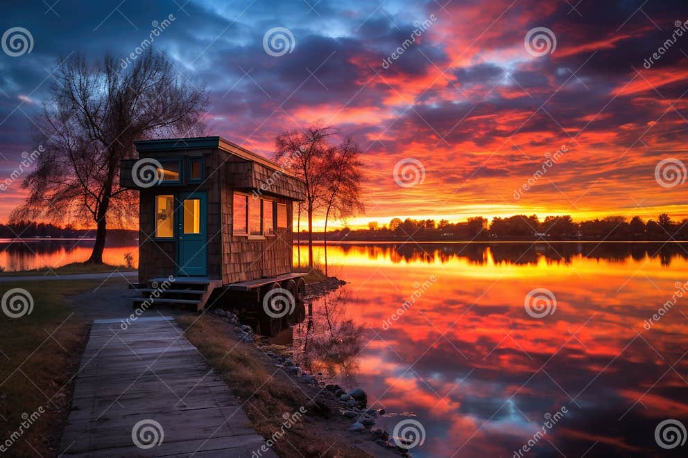 Tiny House on Wheels at Sunset by a Lake Stock Image - Image of small ...