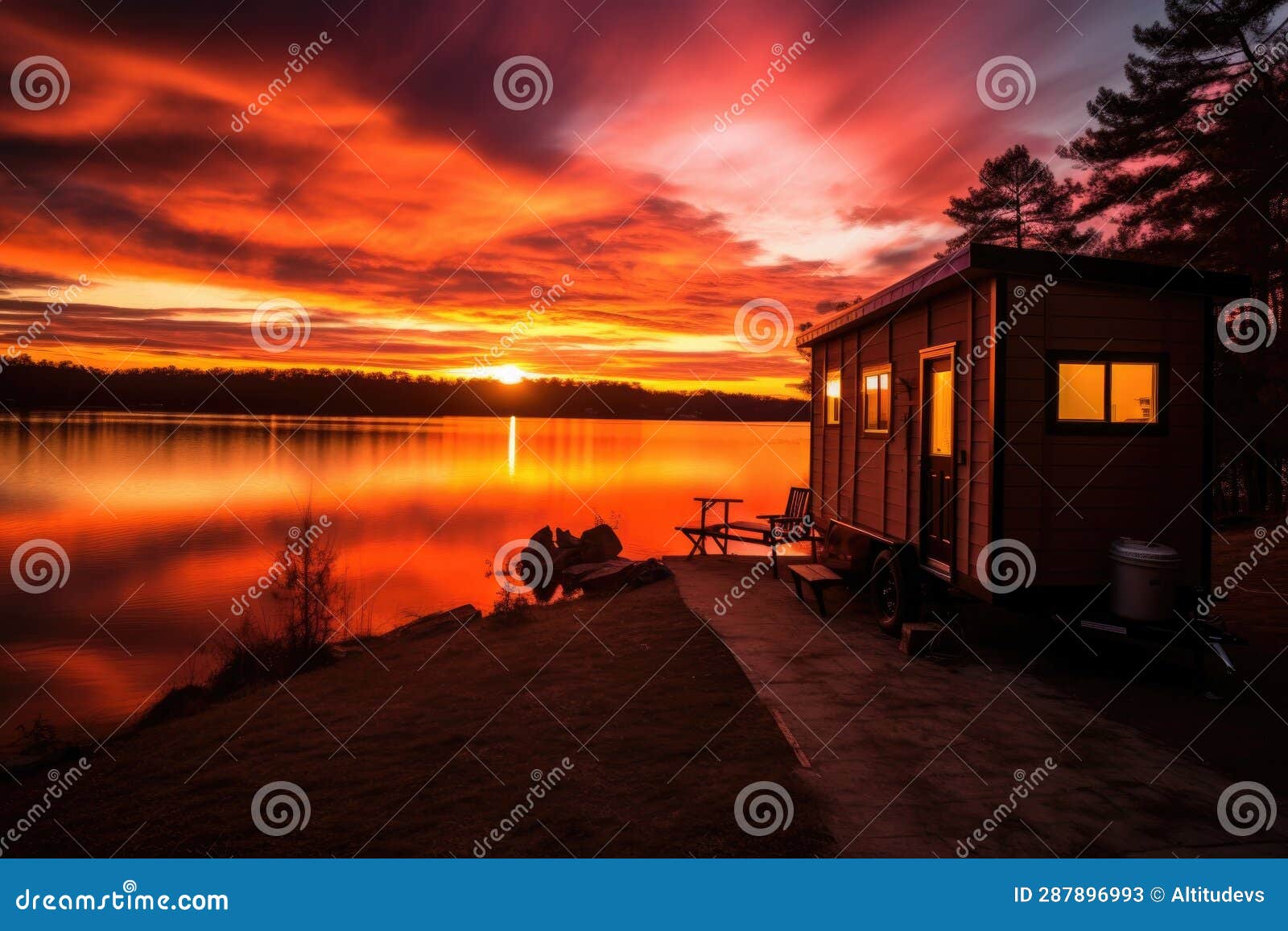 Tiny House on Wheels at Sunset by a Lake Stock Image - Image of nature ...